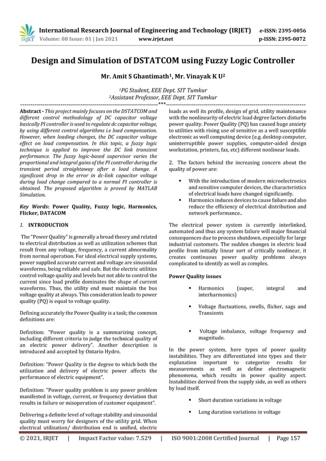 IRJET - Design and Simulation of DSTATCOM using Fuzzy Logic Controller | PDF