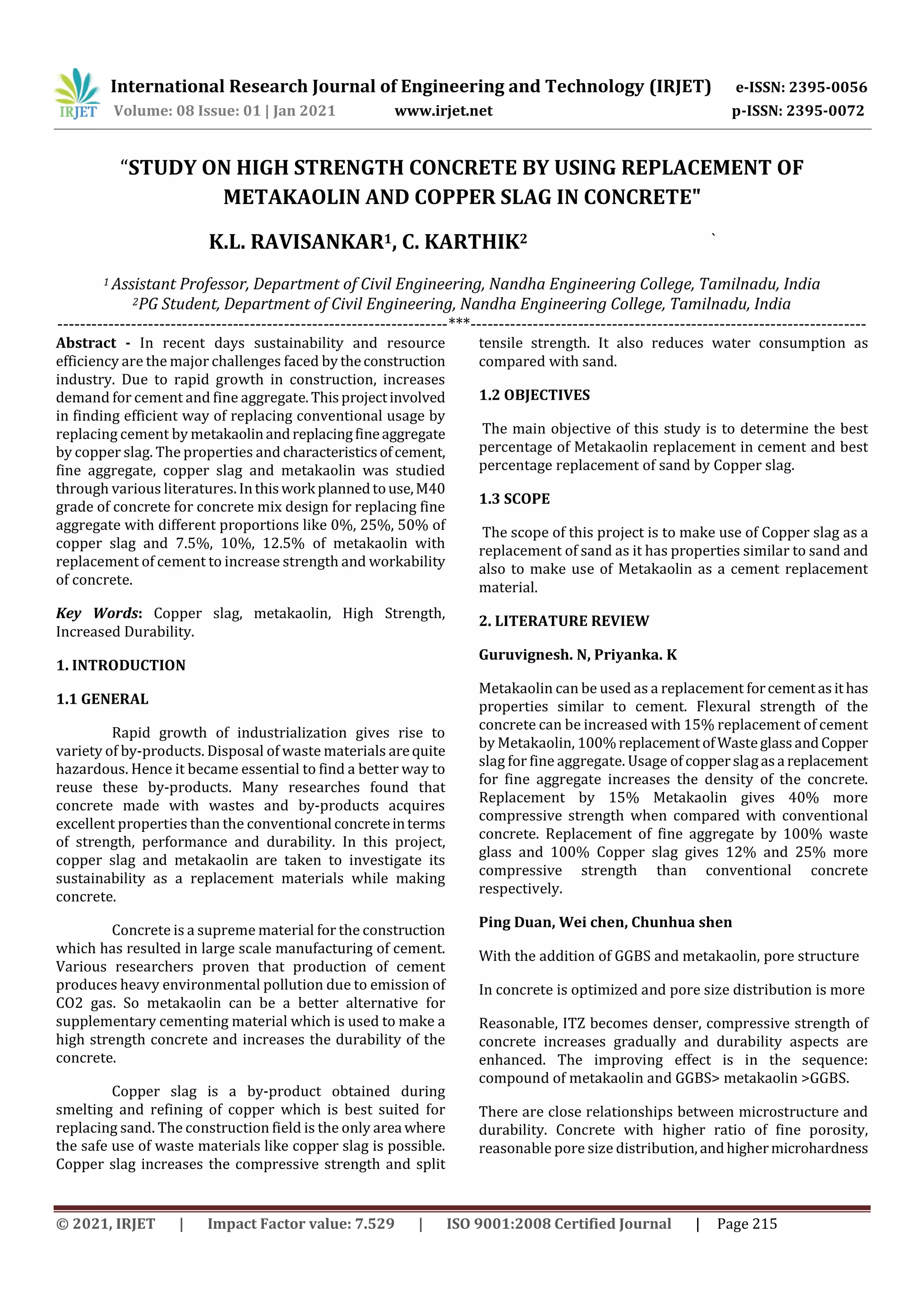 IRJET - Study on High Strength Concrete by using Replacement of Metakaolin and Copper Slag in ...