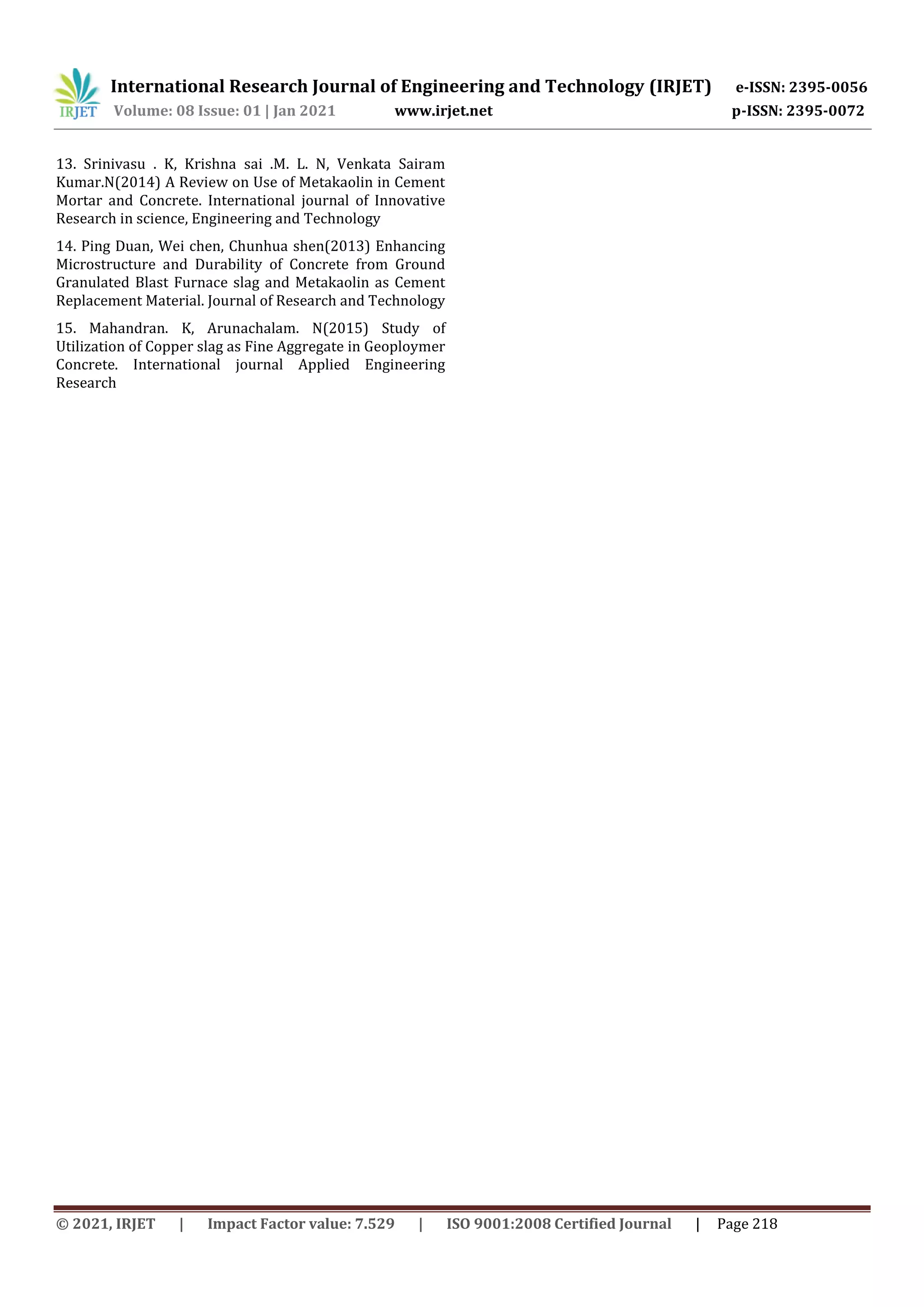 IRJET - Study on High Strength Concrete by using Replacement of Metakaolin and Copper Slag in ...