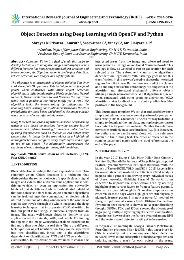 IRJET - Object Detection using Deep Learning with OpenCV and Python | PDF | Cameras and ...