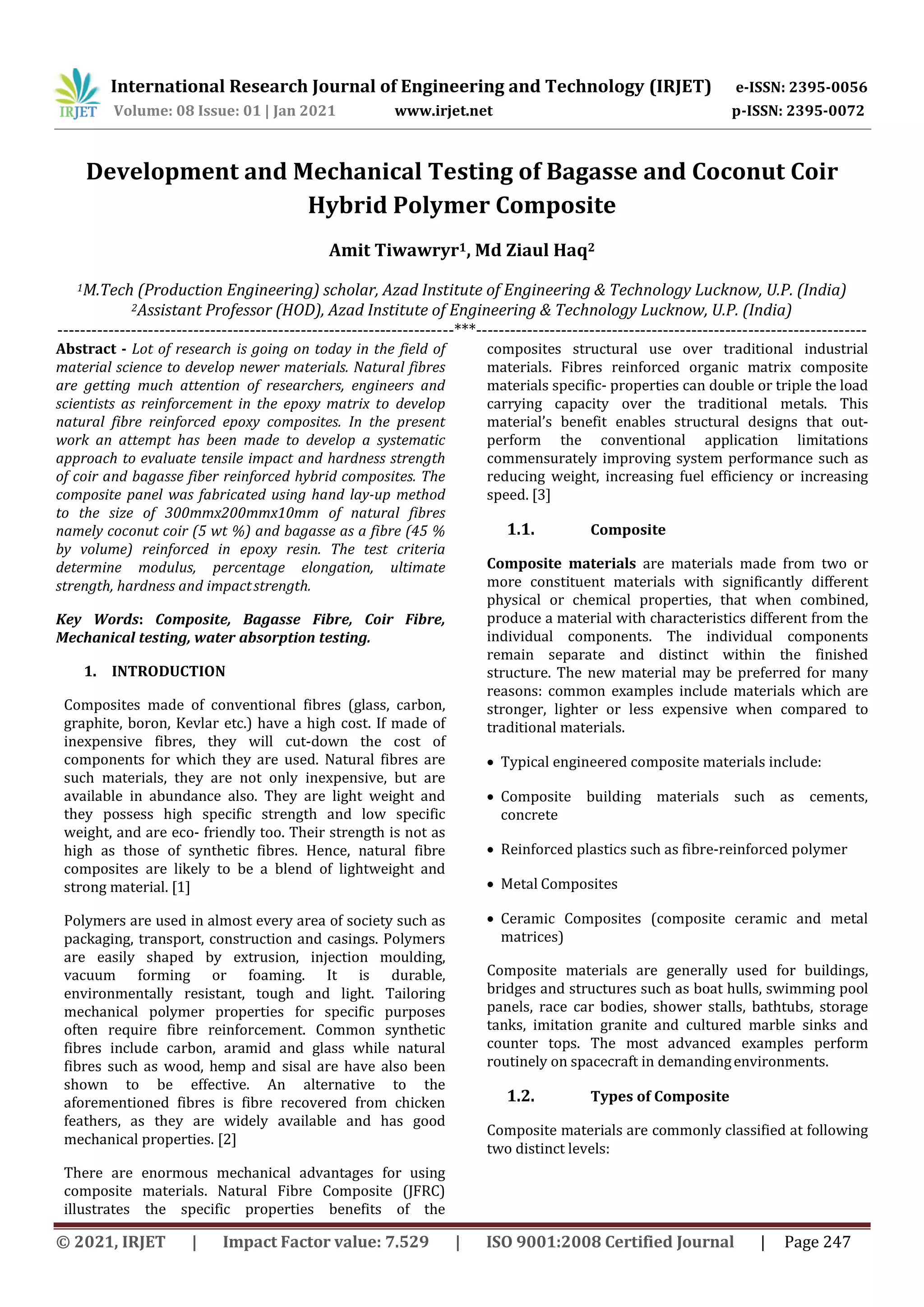 IRJET - Development and Mechanical Testing of Bagasse and Coconut Coir ...