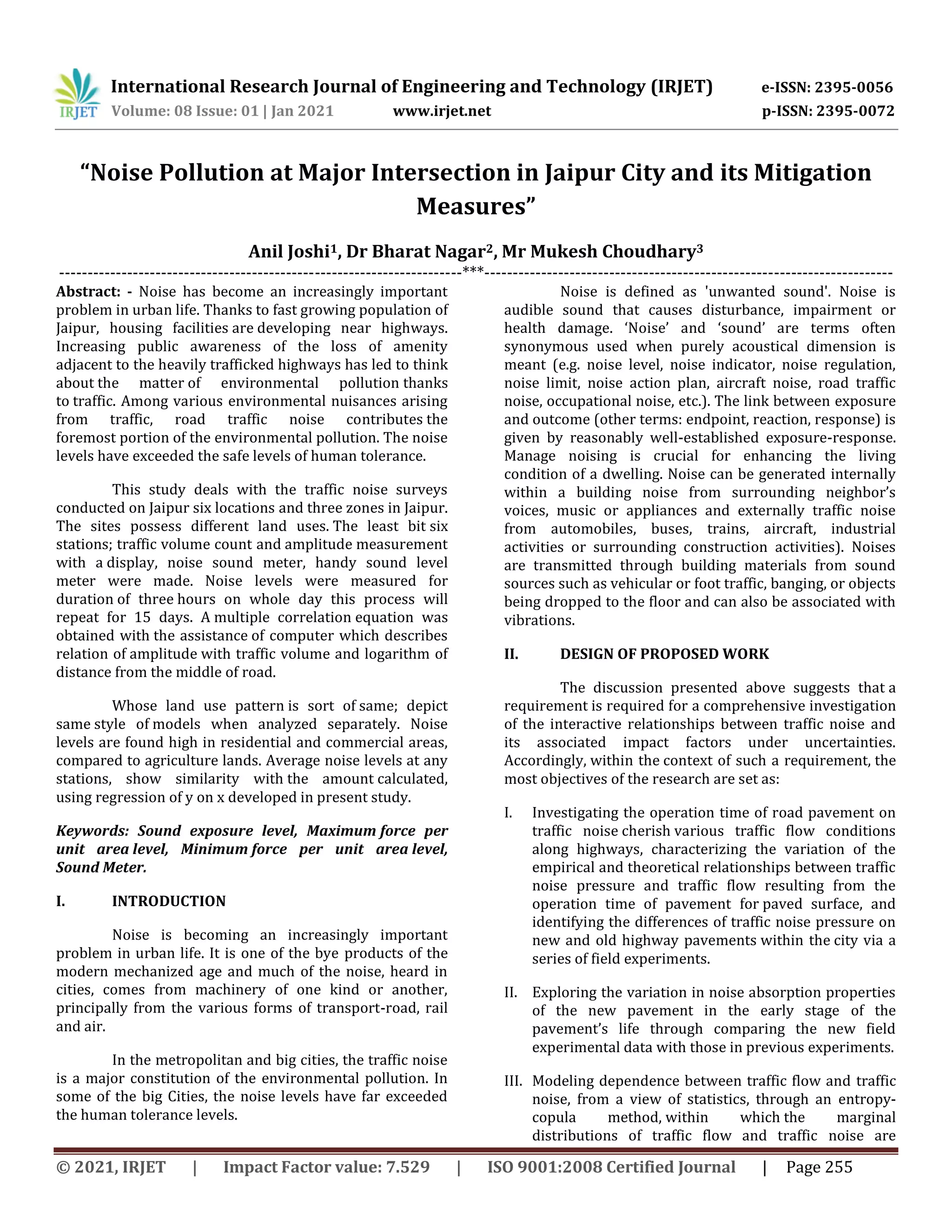 IRJET - Noise Pollution at Major Intersection in Jaipur City and its Mitigation Measures | PDF