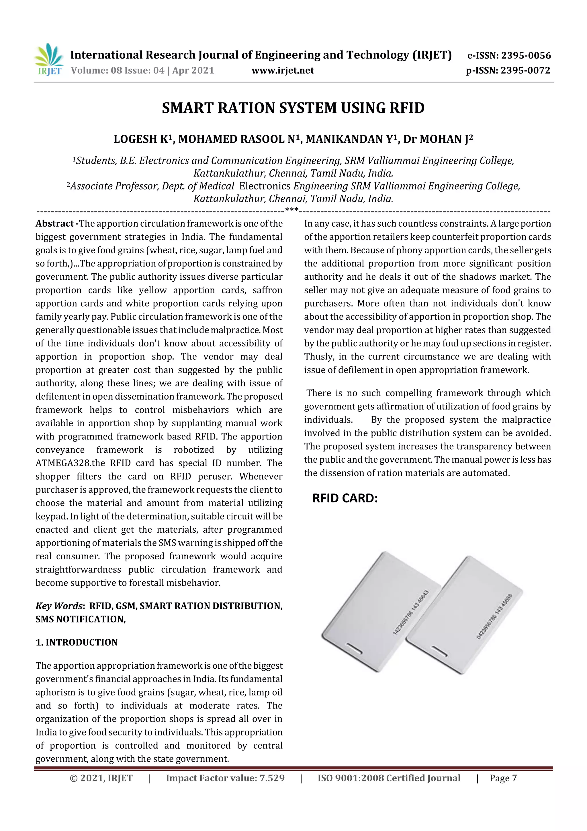 IRJET- Smart Ration System using RFID | PDF | Business | Business and Finance