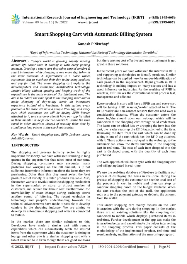 Smart Shopping Cart with Automatic Billing System | PDF