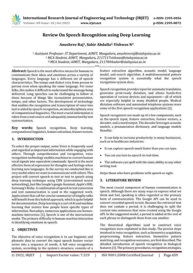 Review On Speech Recognition using Deep Learning | PDF