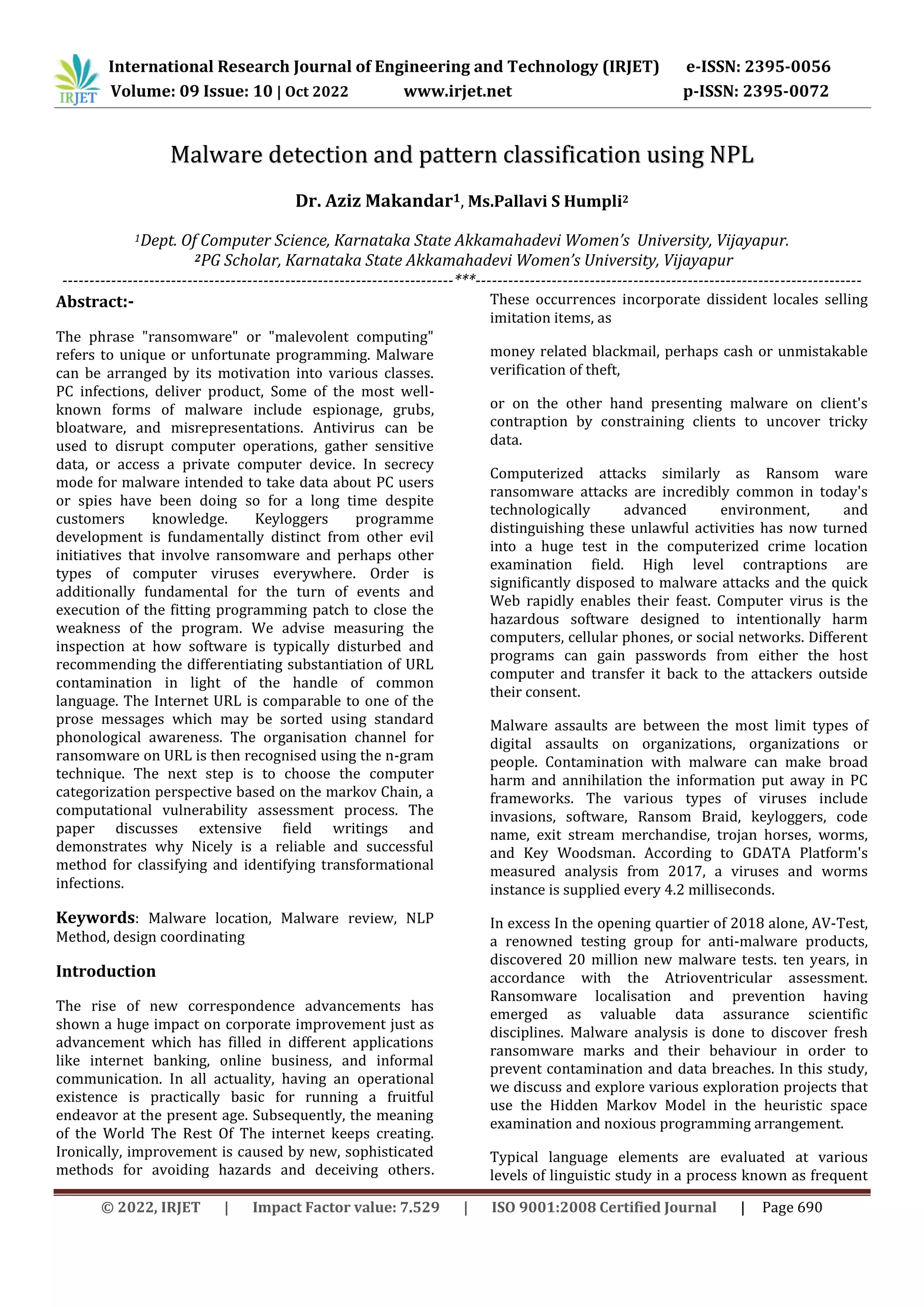 Malware detection and pattern classification using NPL | PDF