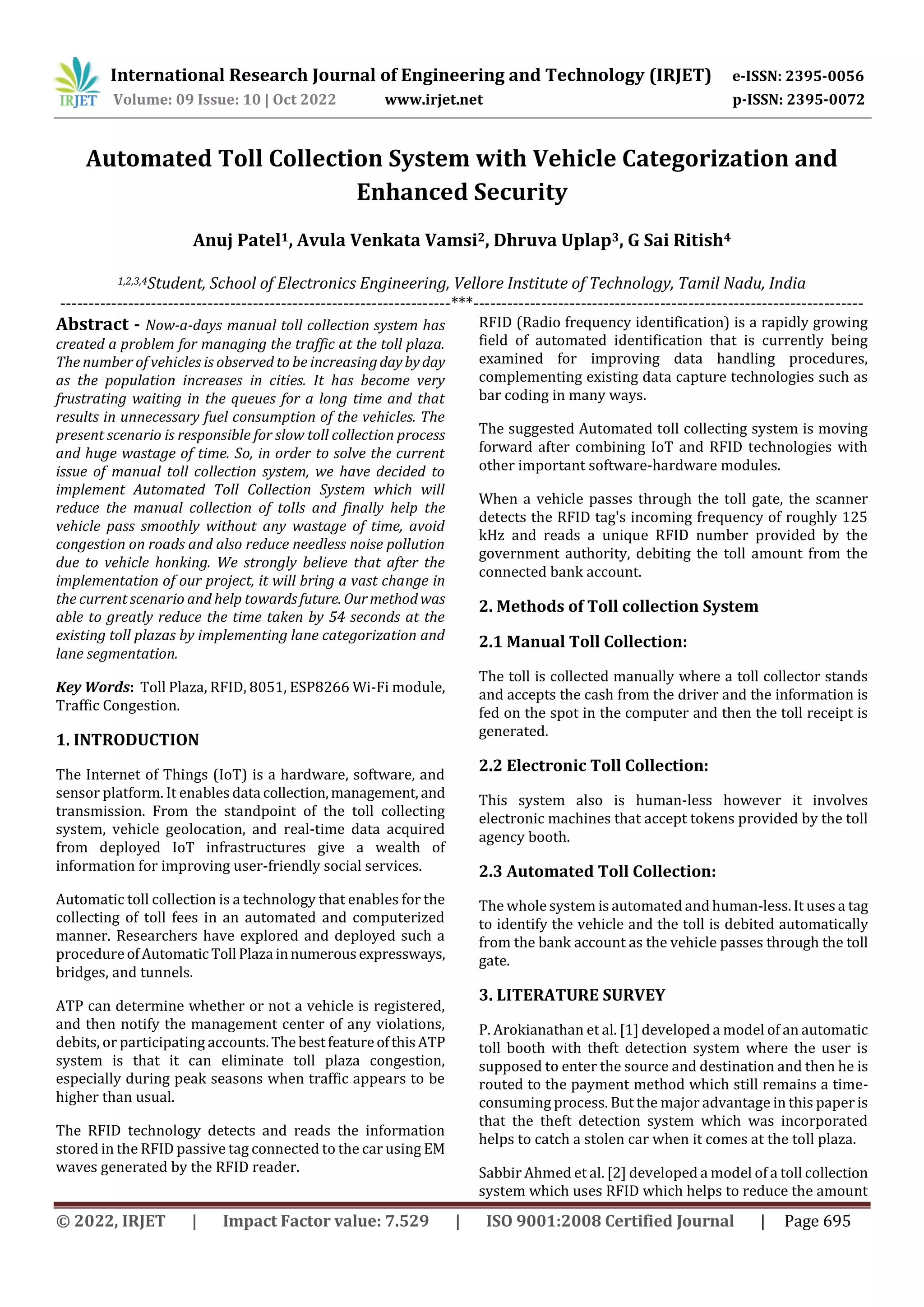 Automated Toll Collection System with Vehicle Categorization and ...