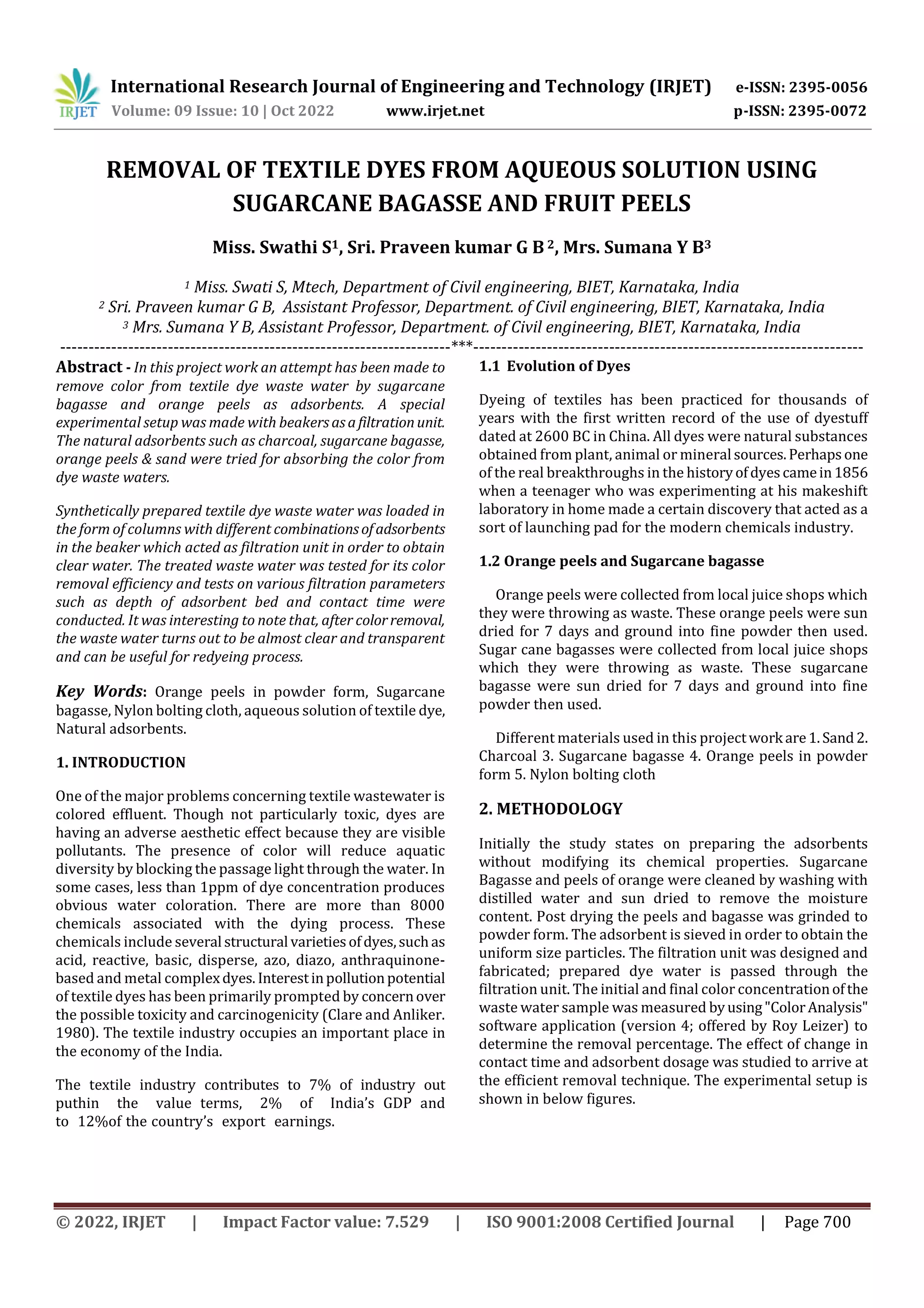 REMOVAL OF TEXTILE DYES FROM AQUEOUS SOLUTION USING SUGARCANE BAGASSE AND FRUIT PEELS | PDF
