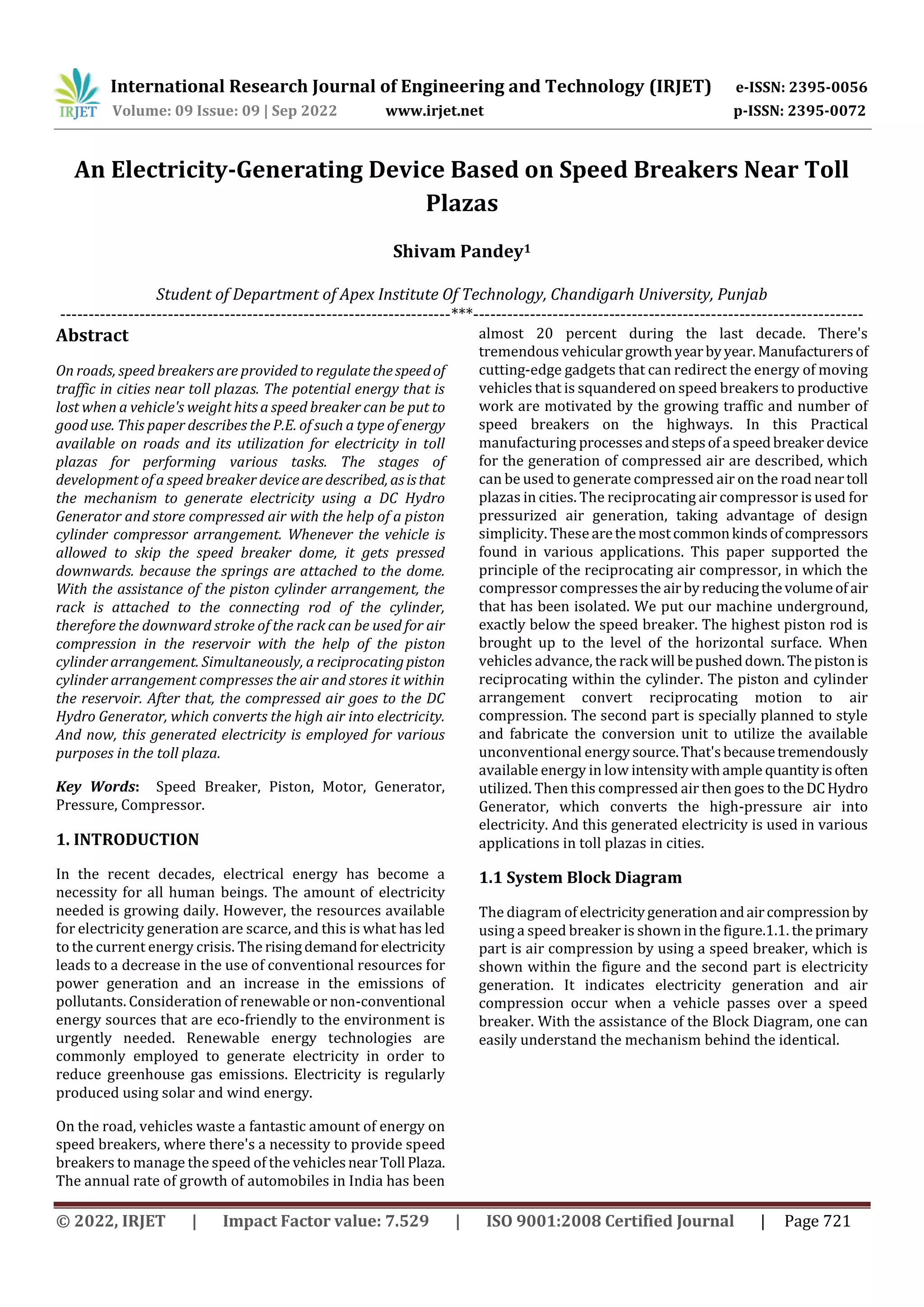 An Electricity-Generating Device Based on Speed Breakers Near Toll Plazas | PDF