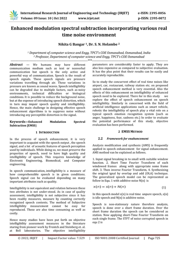 Enhanced modulation spectral subtraction incorporating various real time noise environment | PDF