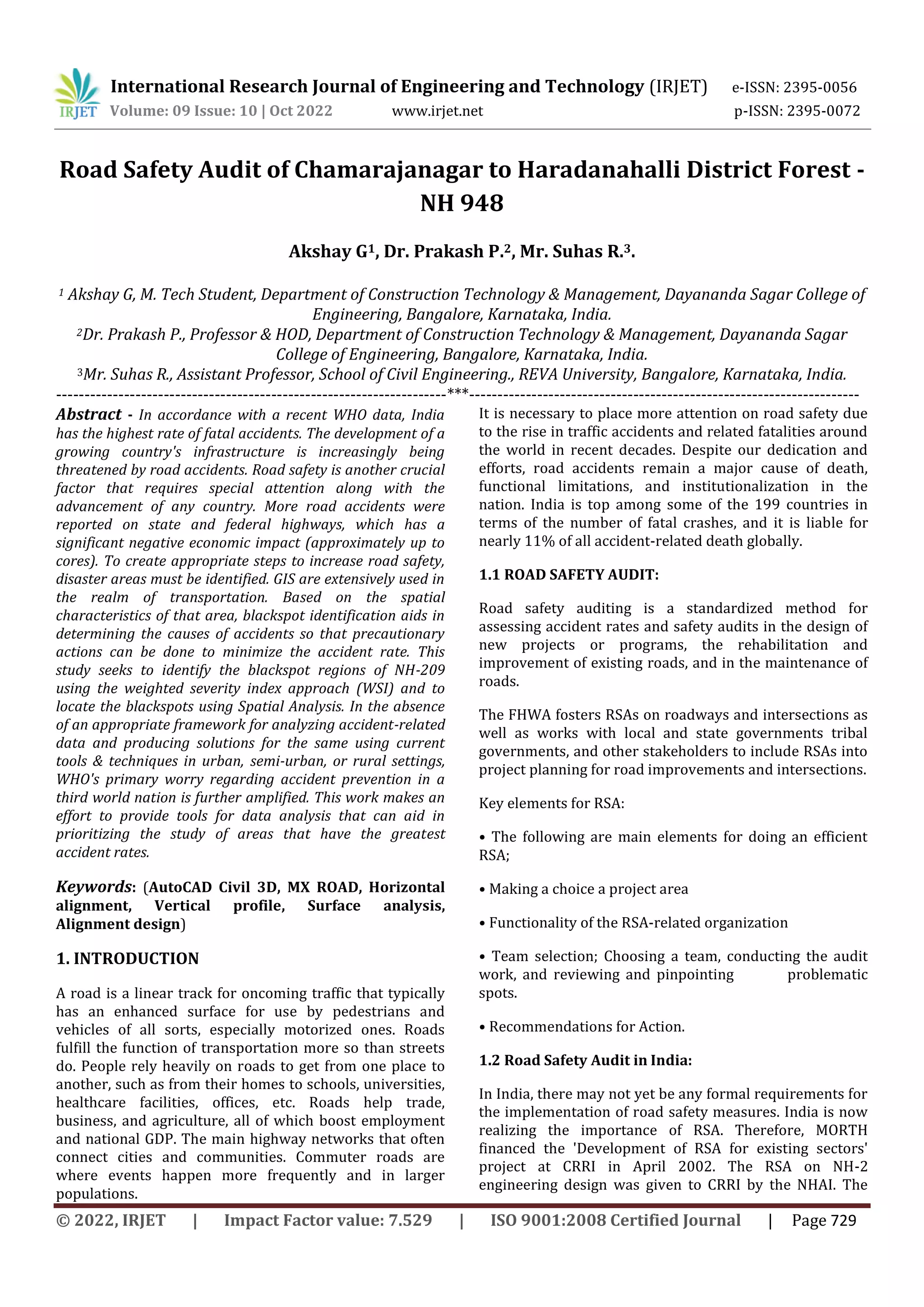 Road Safety Audit of Chamarajanagar to Haradanahalli District Forest ...