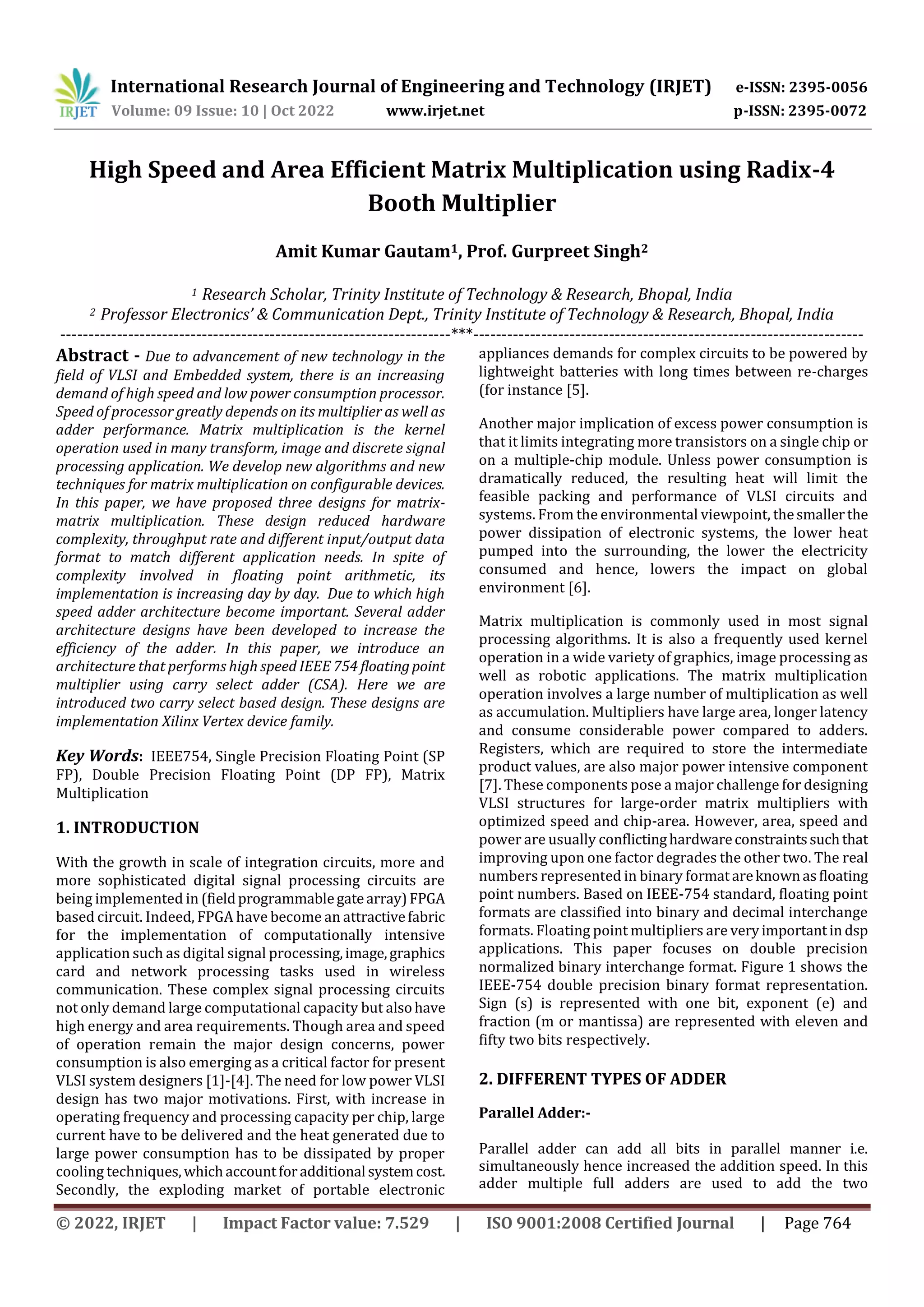 High Speed and Area Efficient Matrix Multiplication using Radix-4 Booth Multiplier | PDF