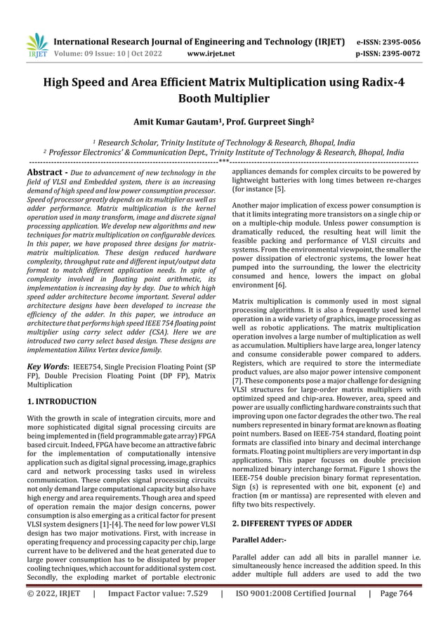 High Speed And Area Efficient Matrix Multiplication Using Radix 4 Booth Multiplier Pdf 