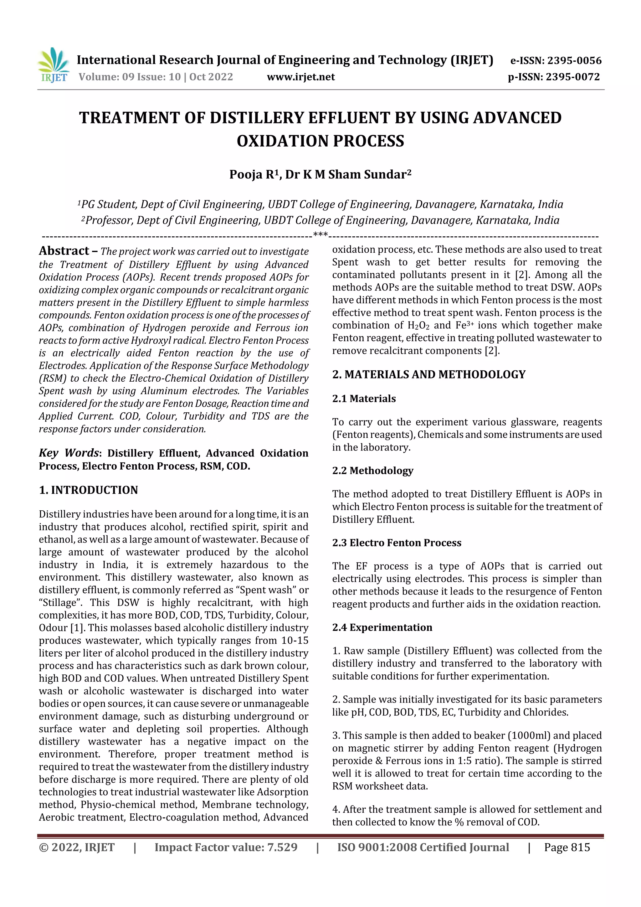 TREATMENT OF DISTILLERY EFFLUENT BY USING ADVANCED OXIDATION PROCESS | PDF