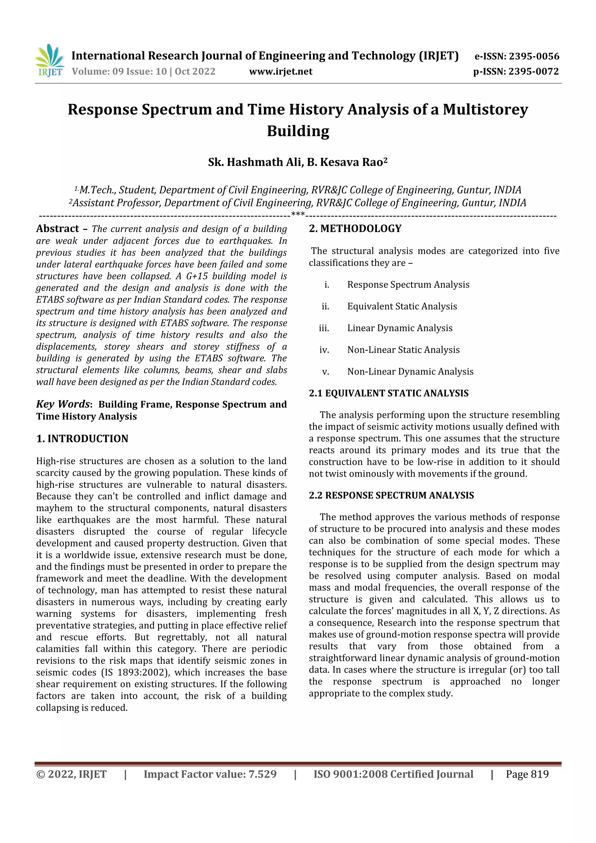 Response Spectrum and Time History Analysis of a Multistorey Building | PDF