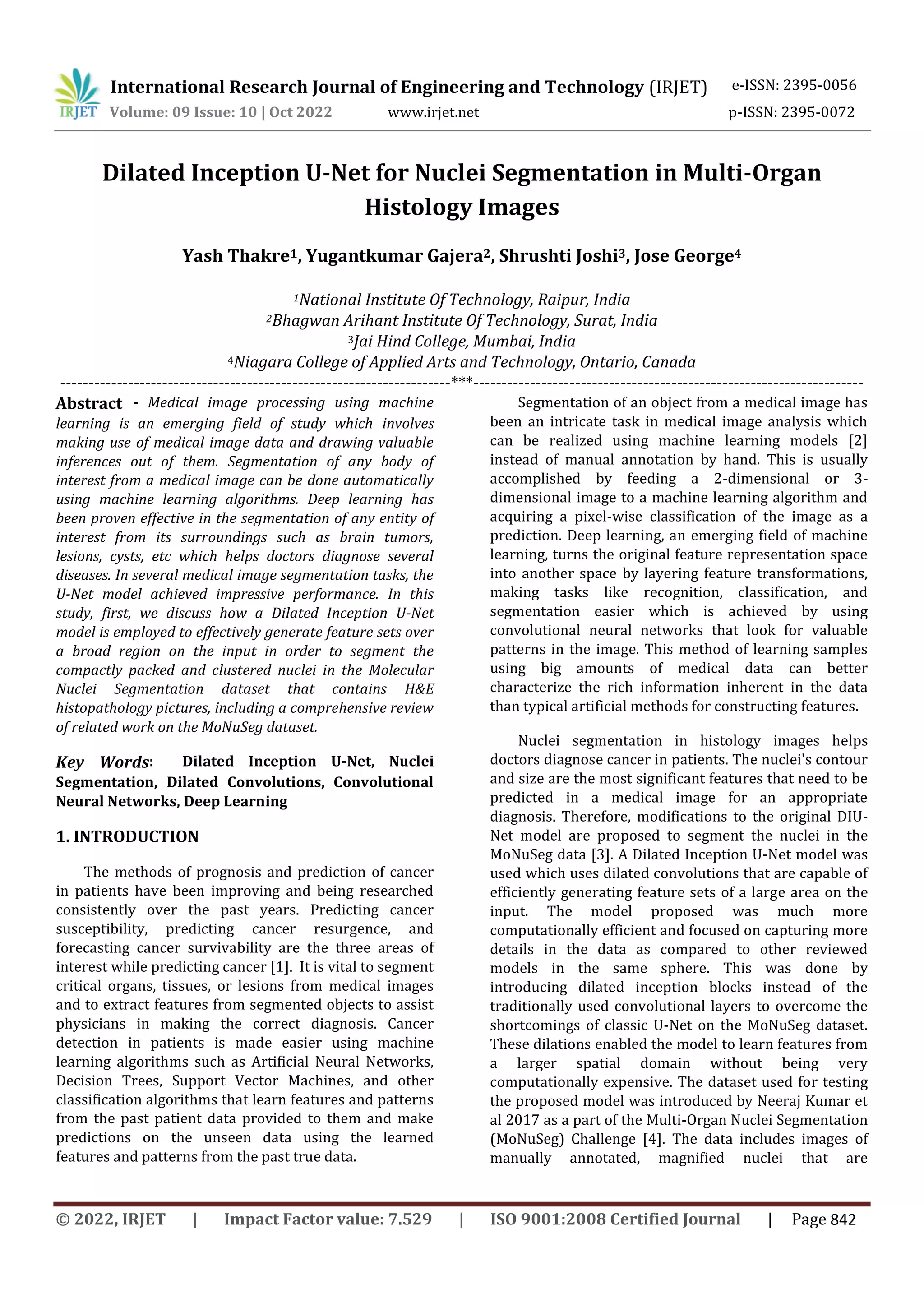 Dilated Inception U-Net for Nuclei Segmentation in Multi-Organ Histology Images | PDF