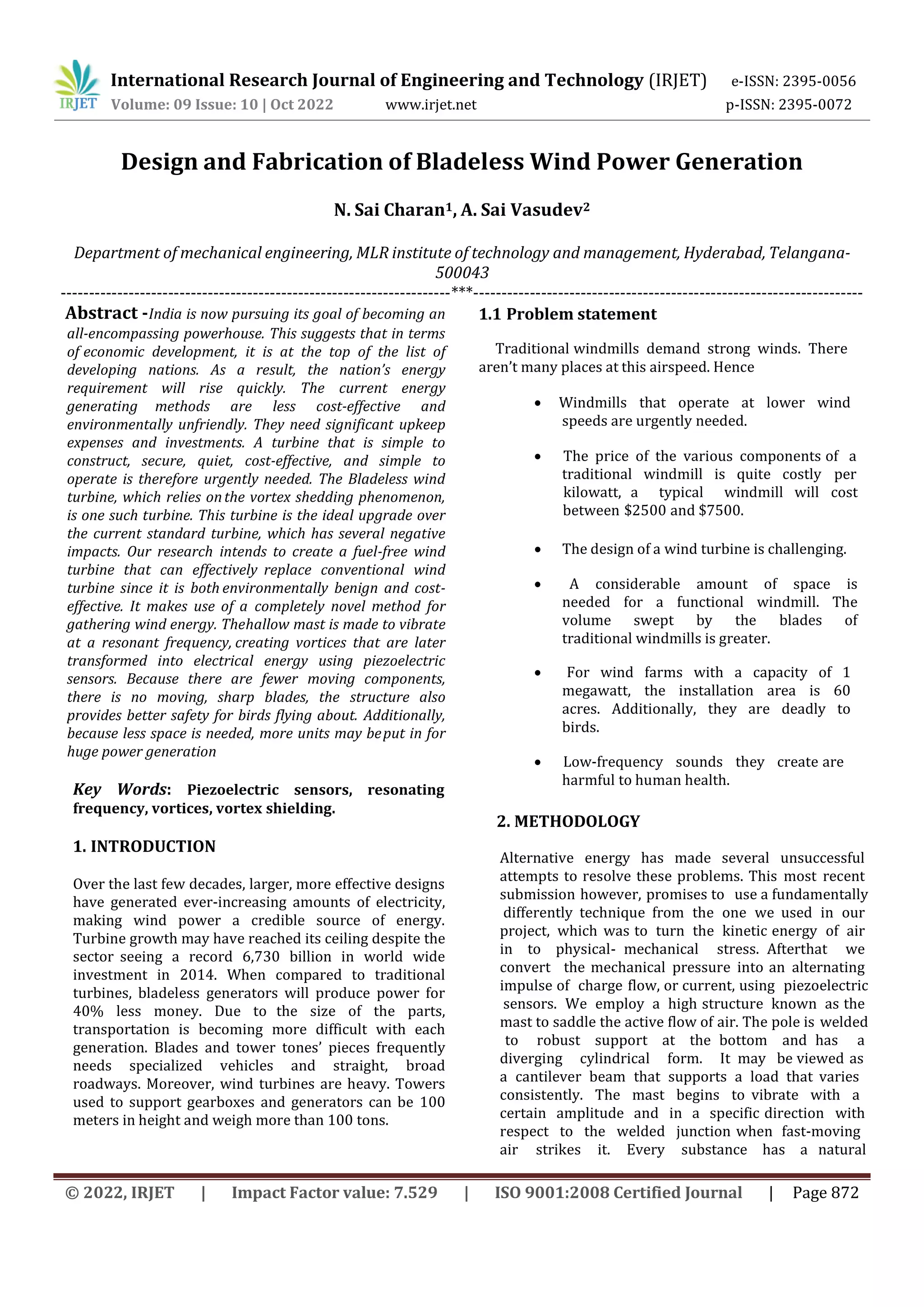 Design and Fabrication of Bladeless Wind Power Generation | PDF
