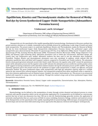Equilibrium, Kinetics and Thermodynamic studies for Removal of Methy Red dye by Green ...