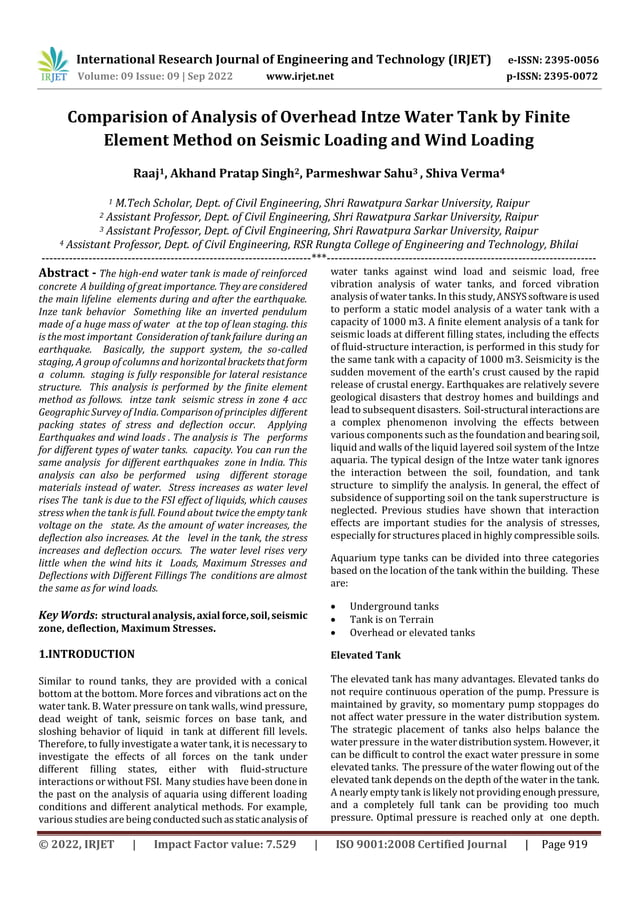 Comparision of Analysis of Overhead Intze Water Tank by Finite Element Method on Seismic Loading ...