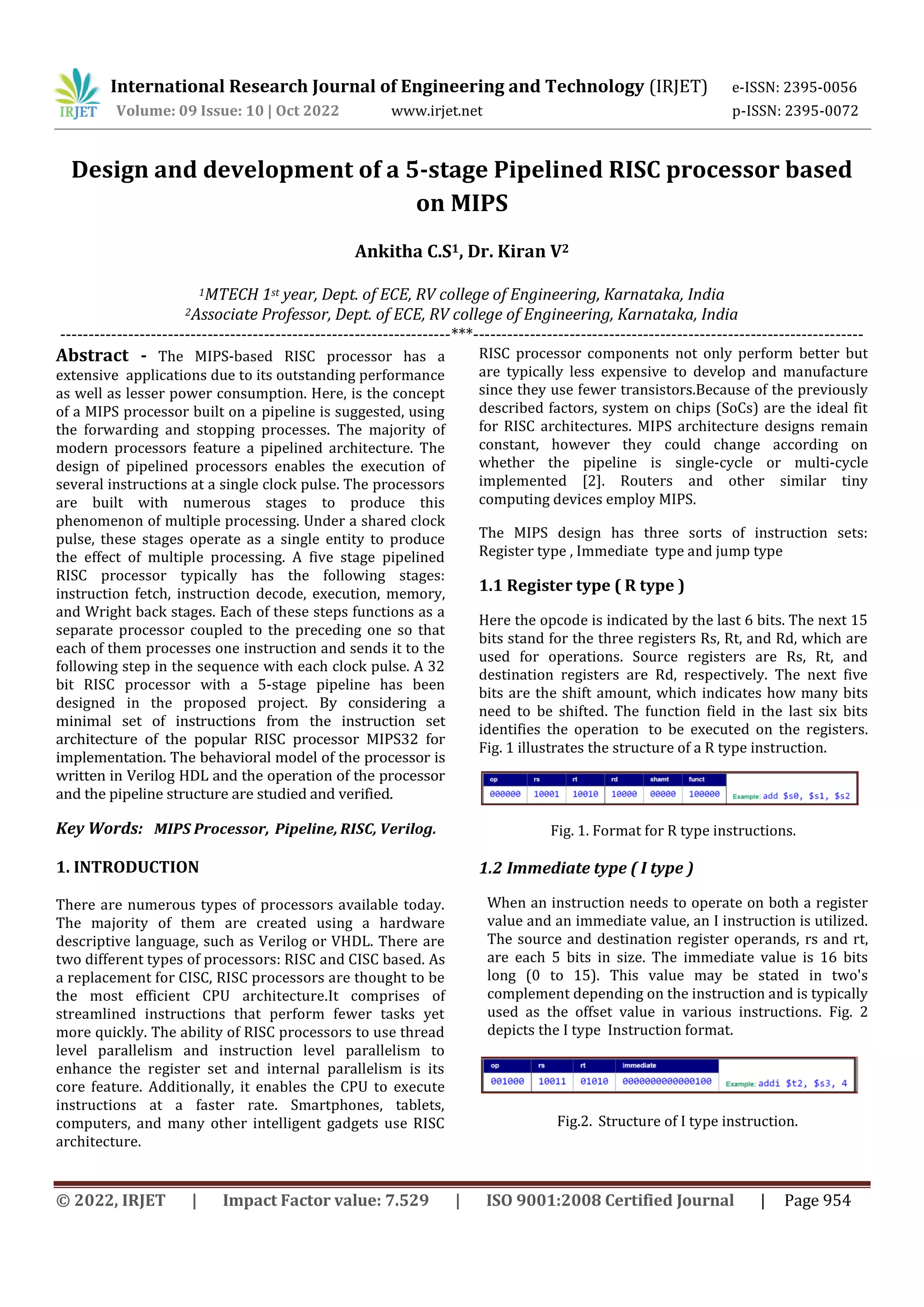 Design and development of a 5-stage Pipelined RISC processor based on MIPS | PDF