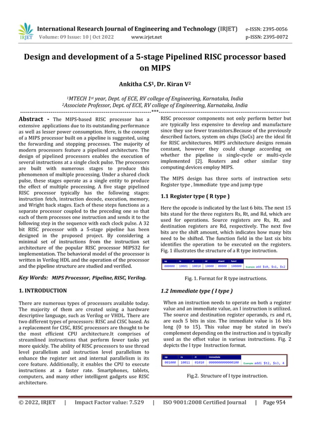 Design and development of a 5-stage Pipelined RISC processor based on MIPS | PDF