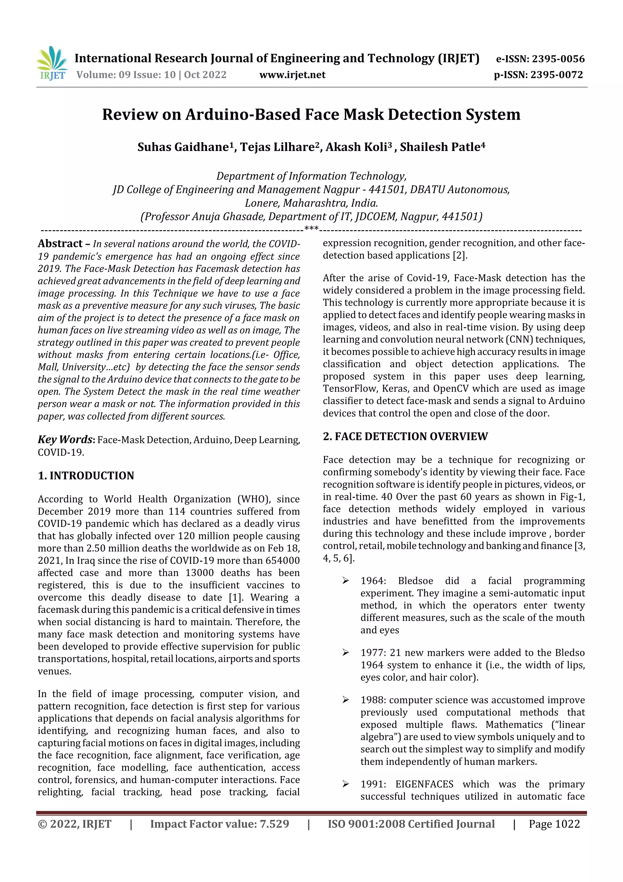 Review on Arduino-Based Face Mask Detection System | PDF