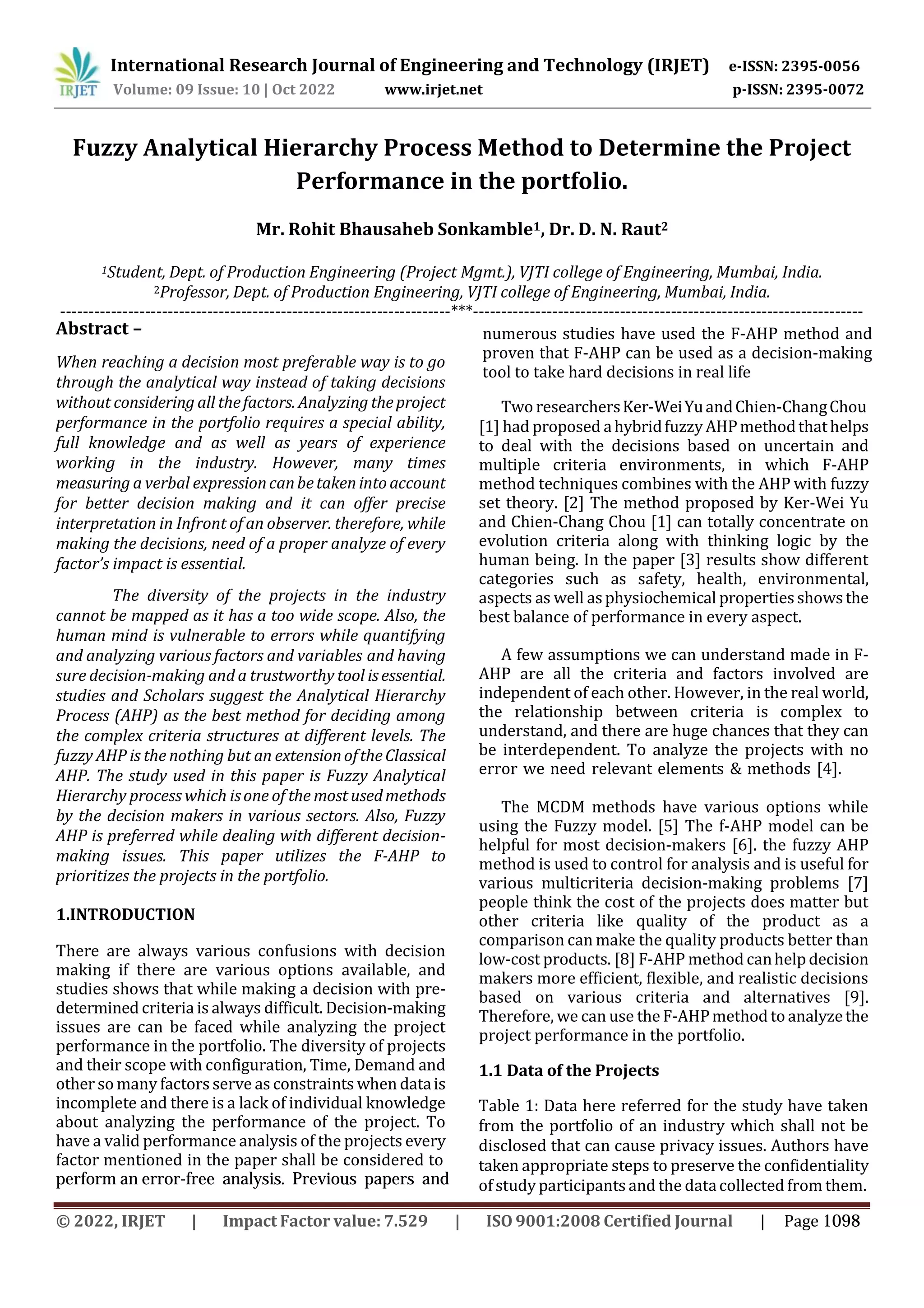 Fuzzy Analytical Hierarchy Process Method to Determine the Project ...