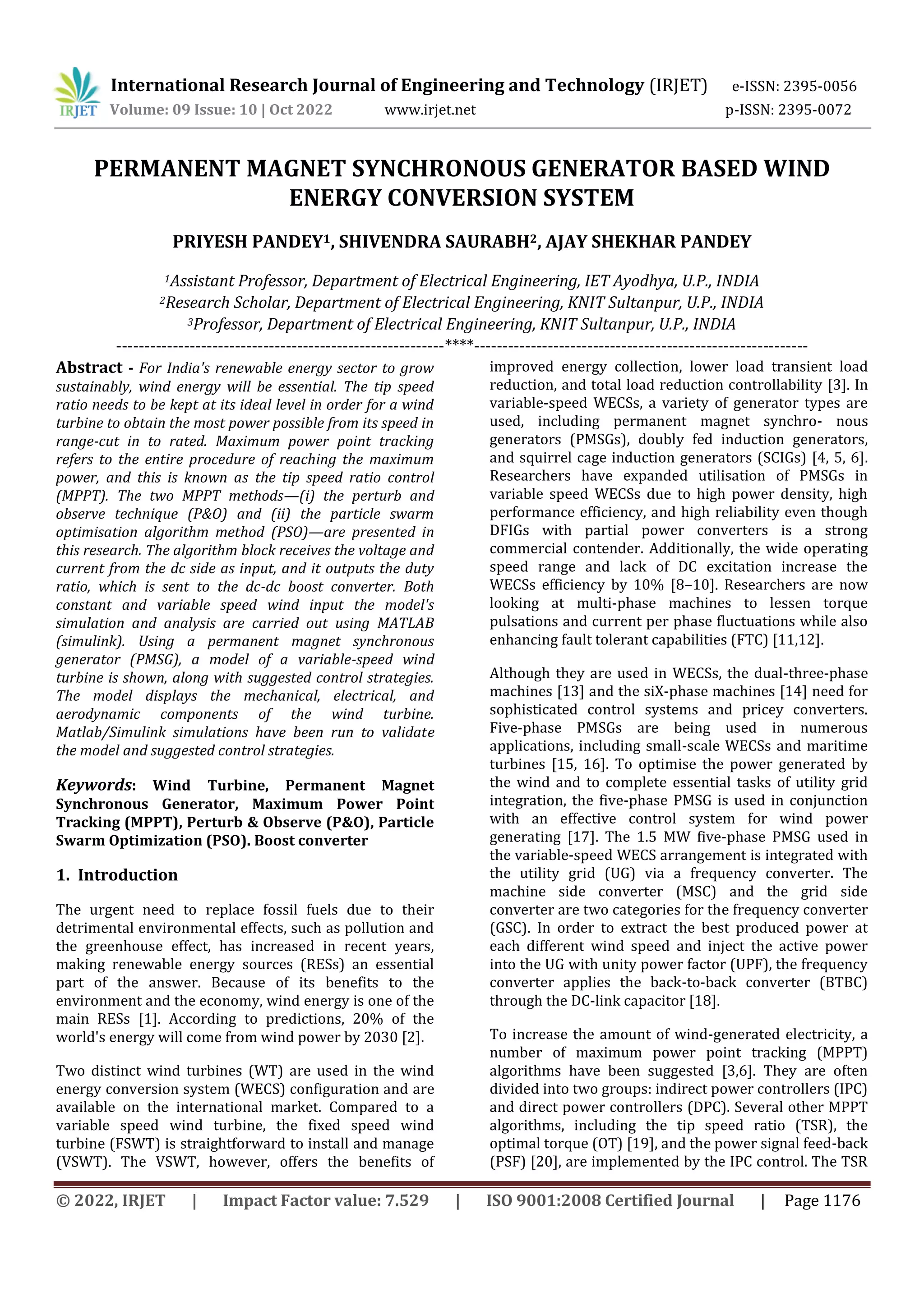 PERMANENT MAGNET SYNCHRONOUS GENERATOR BASED WIND ENERGY CONVERSION SYSTEM | PDF