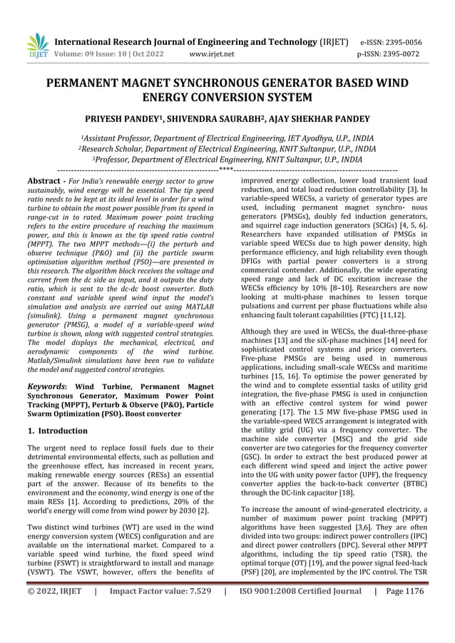 PERMANENT MAGNET SYNCHRONOUS GENERATOR BASED WIND ENERGY CONVERSION SYSTEM | PDF