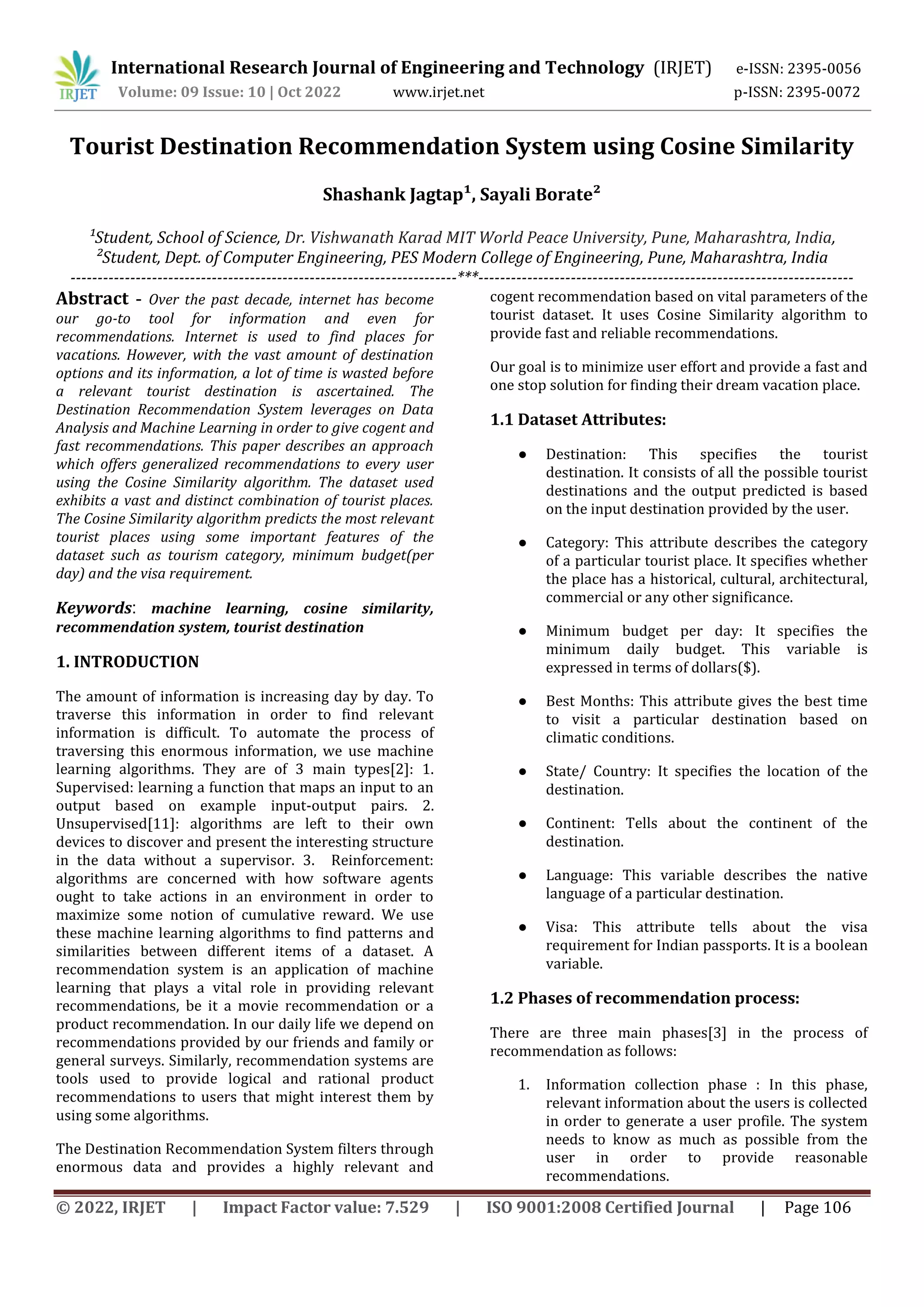 Tourist Destination Recommendation System using Cosine Similarity | PDF
