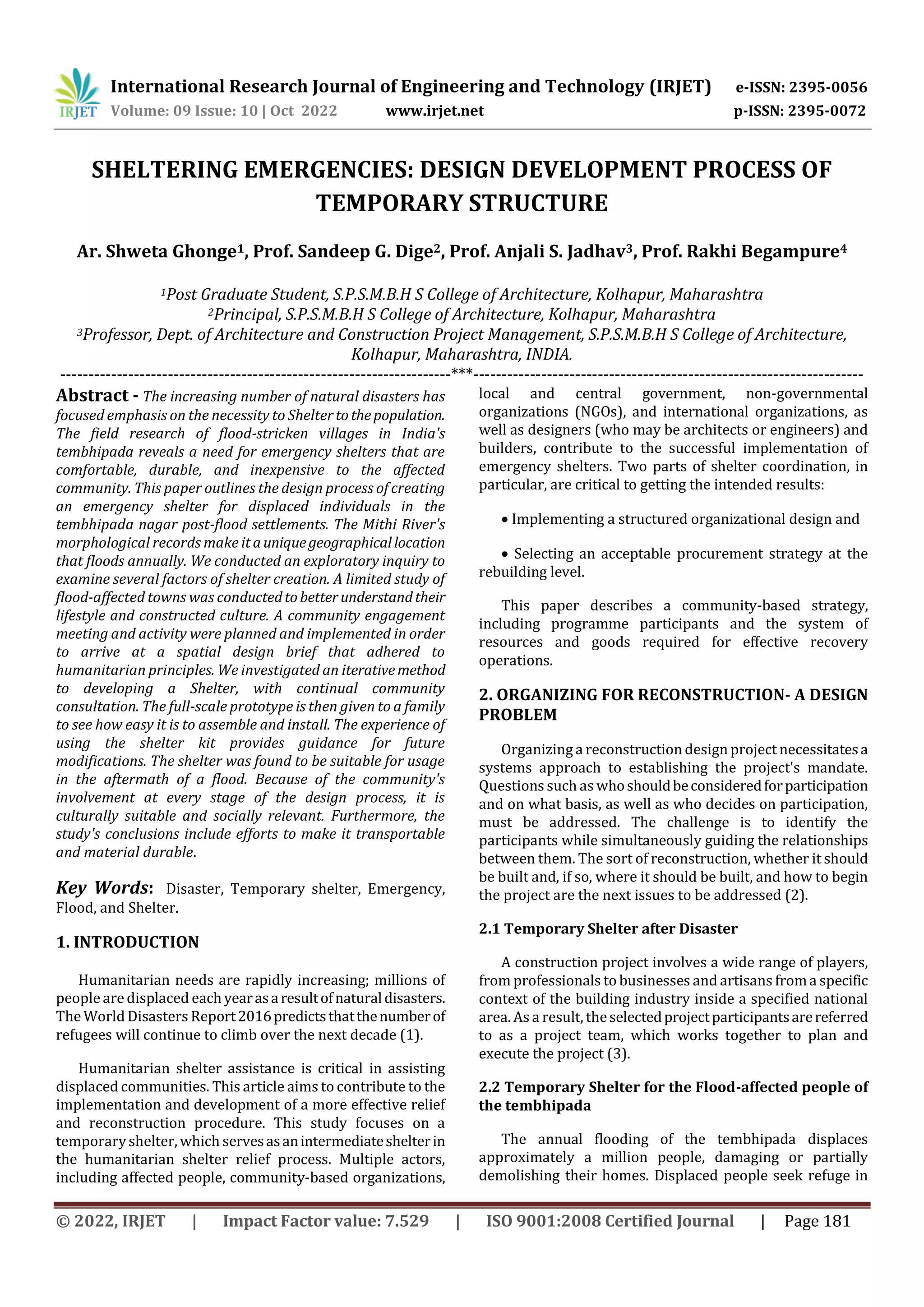 SHELTERING EMERGENCIES: DESIGN DEVELOPMENT PROCESS OF TEMPORARY ...