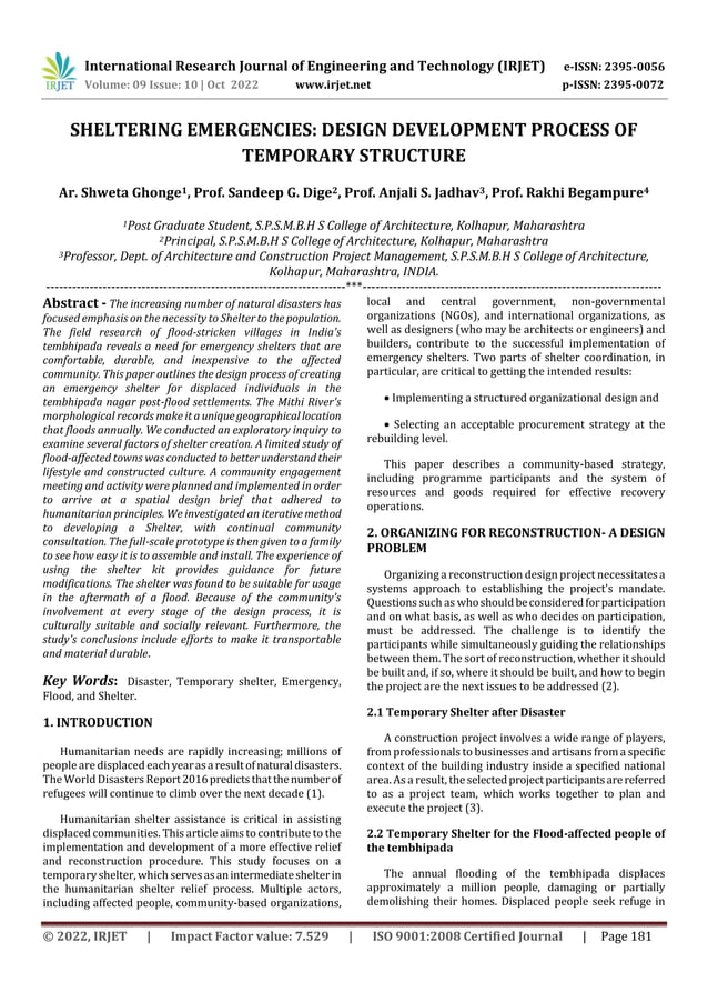 SHELTERING EMERGENCIES: DESIGN DEVELOPMENT PROCESS OF TEMPORARY ...