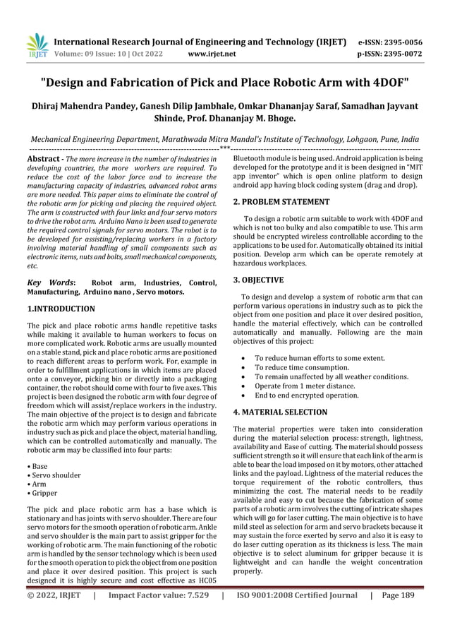"Design and Fabrication of Pick and Place Robotic Arm with 4DOF" | PDF