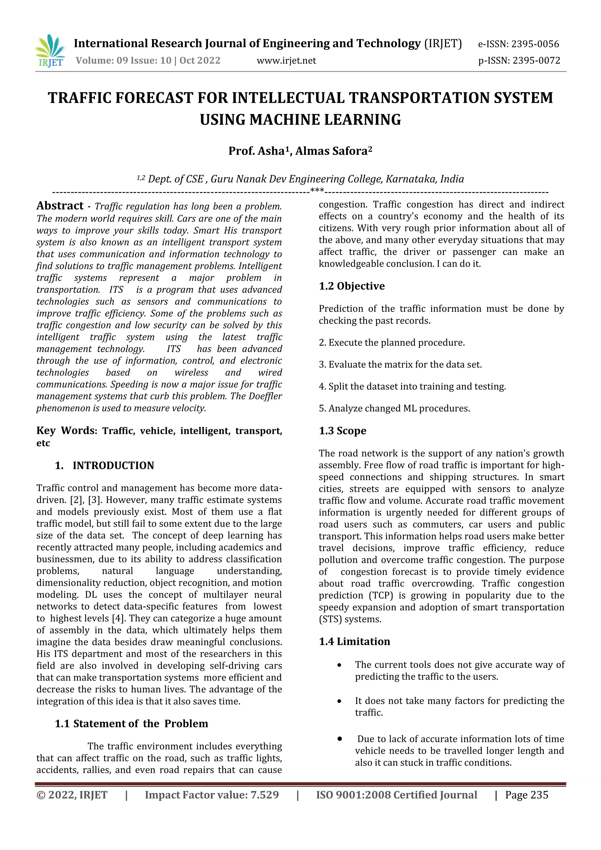 TRAFFIC FORECAST FOR INTELLECTUAL TRANSPORTATION SYSTEM USING MACHINE LEARNING | PDF