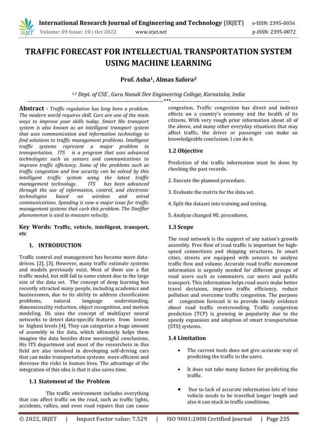Traffic Forecast For Intellectual Transportation System Using Machine