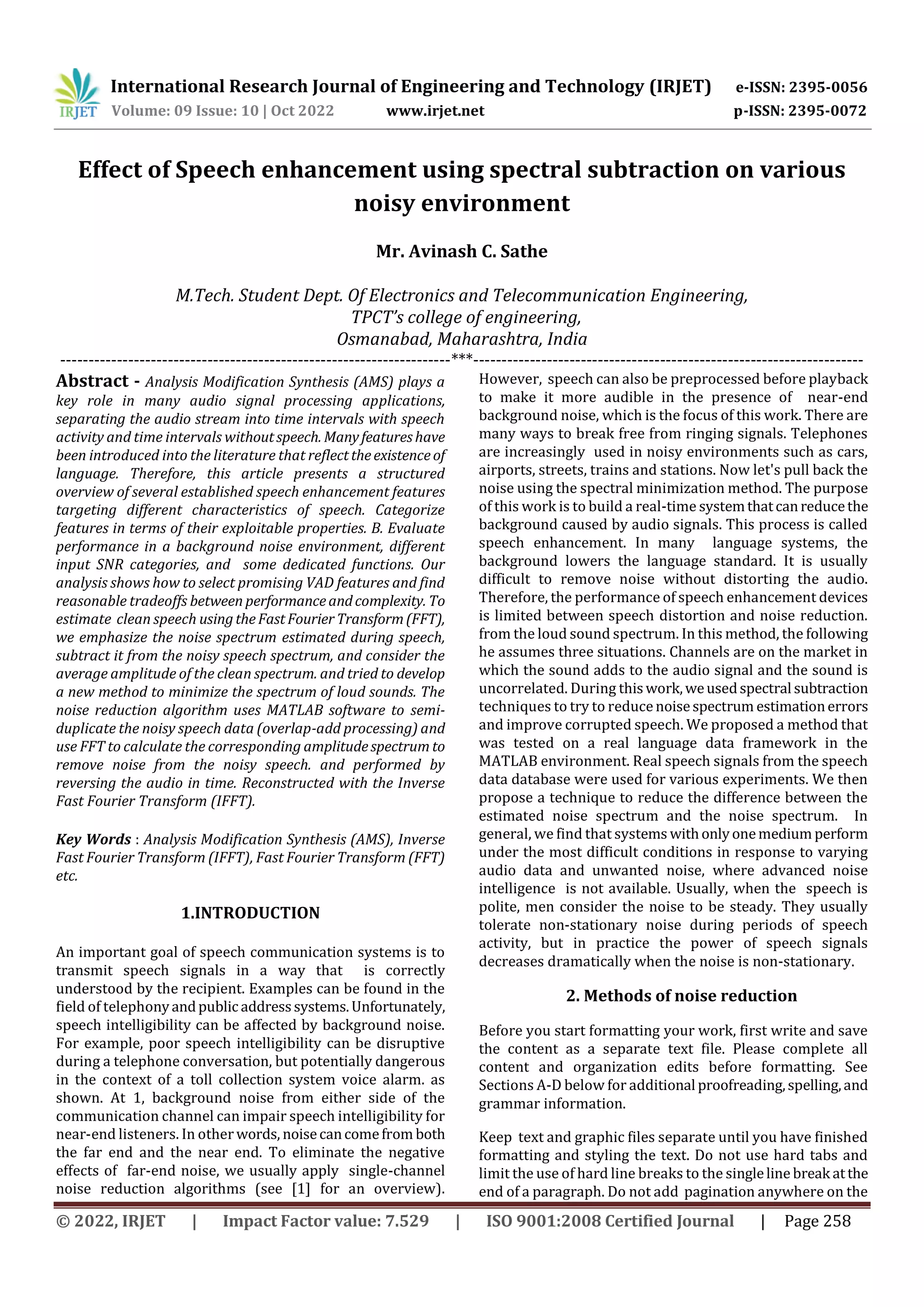 Effect of Speech enhancement using spectral subtraction on various noisy environment | PDF