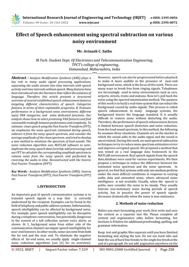 Effect of Speech enhancement using spectral subtraction on various ...