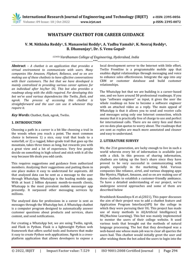 WHATSAPP CHATBOT FOR CAREER GUIDANCE | PDF