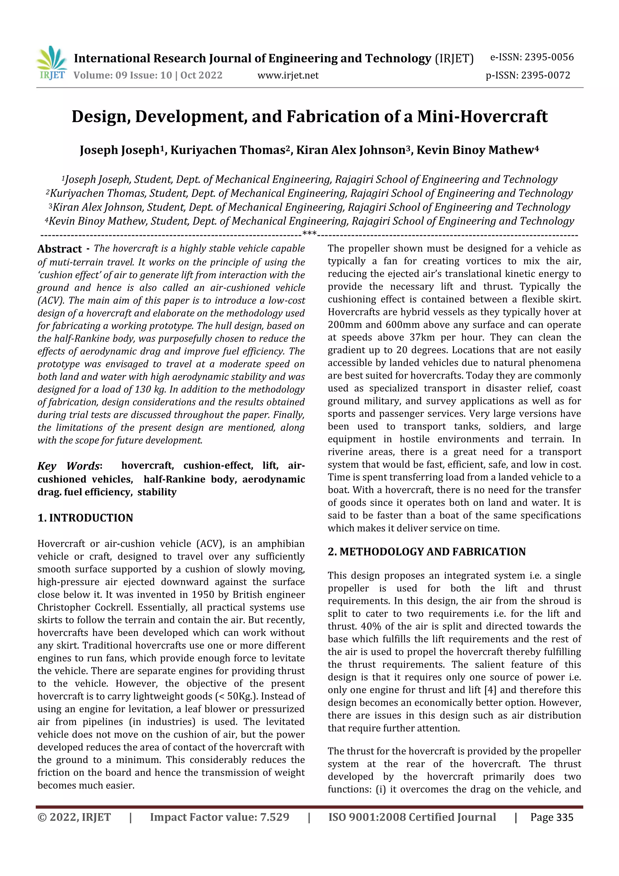 Design, Development, and Fabrication of a Mini-Hovercraft | PDF