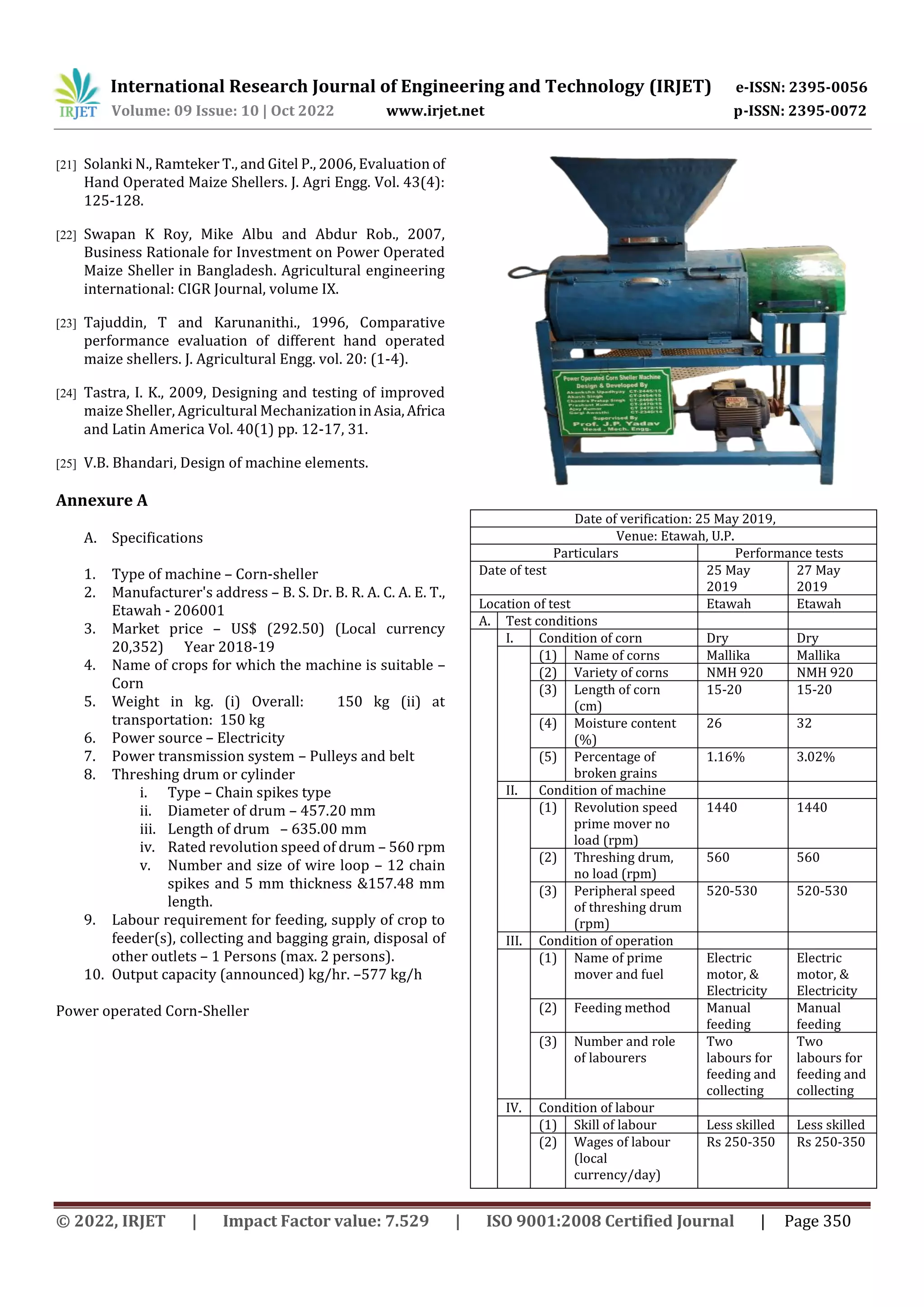 Performance Evaluation of Power Operated Corn-Sheller | PDF