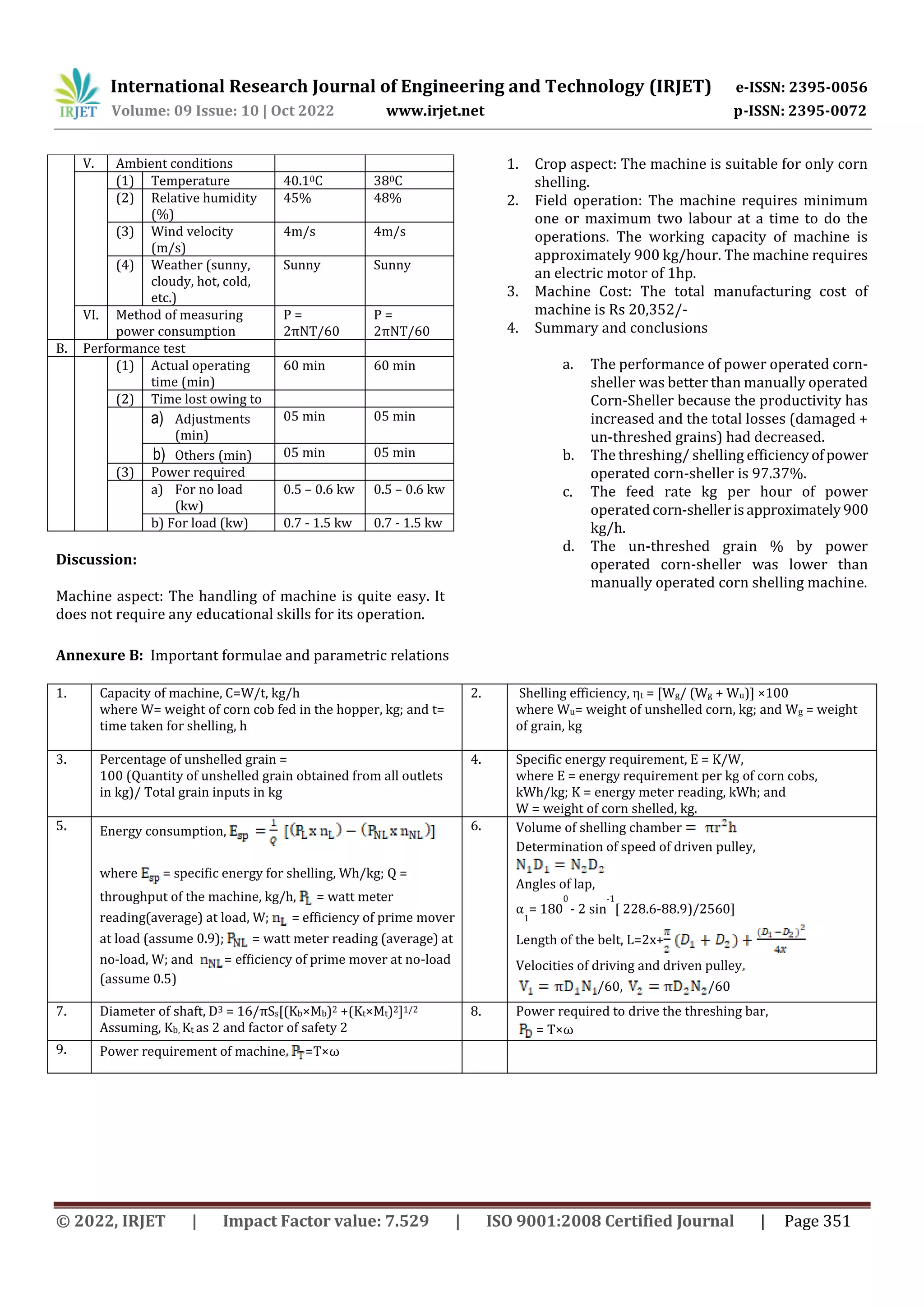Performance Evaluation of Power Operated Corn-Sheller | PDF