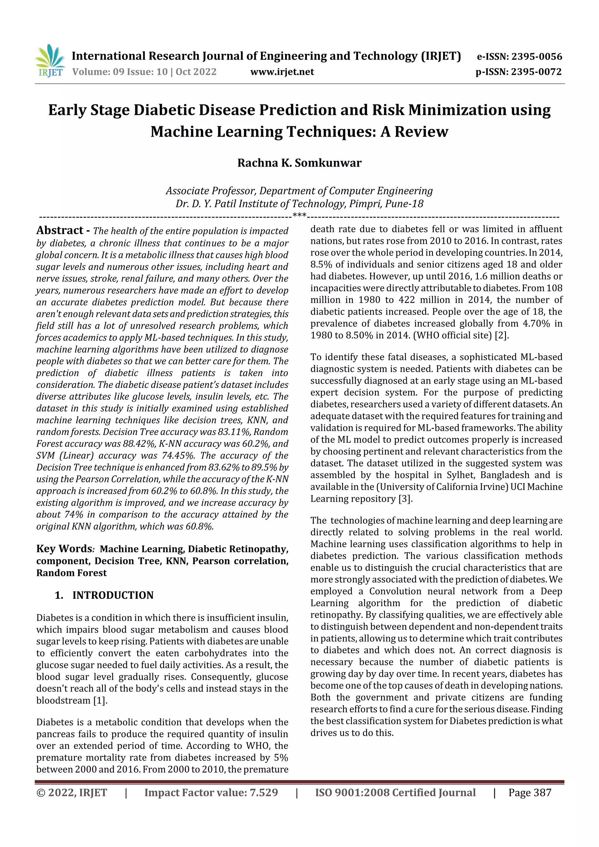 Early Stage Diabetic Disease Prediction and Risk Minimization using Machine Learning Techniques ...
