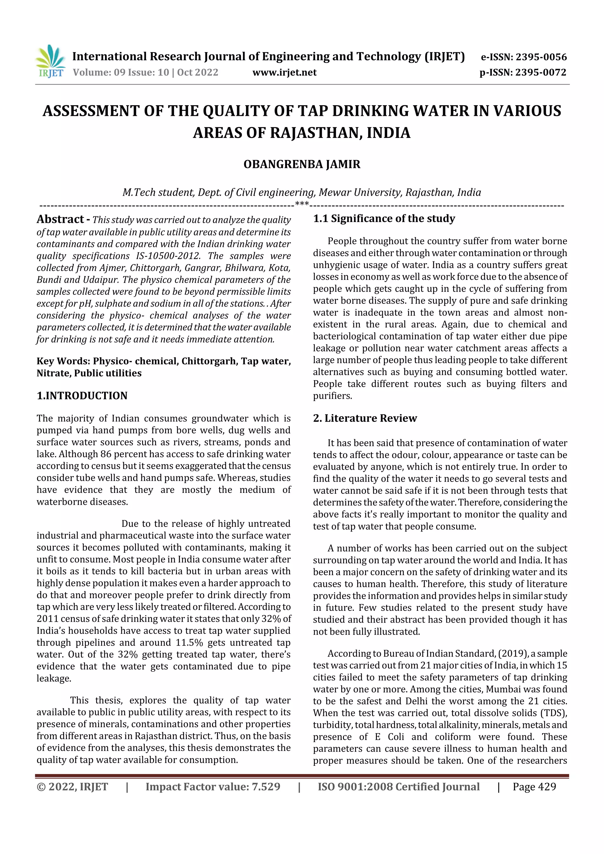 ASSESSMENT OF THE QUALITY OF TAP DRINKING WATER IN VARIOUS AREAS OF ...
