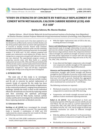 “STUDY ON STRENGTH OF CONCRETE BY PARTIALLY REPLACEMENT OF CEMENT WITH METAKAOLIN, CALCIUM ...