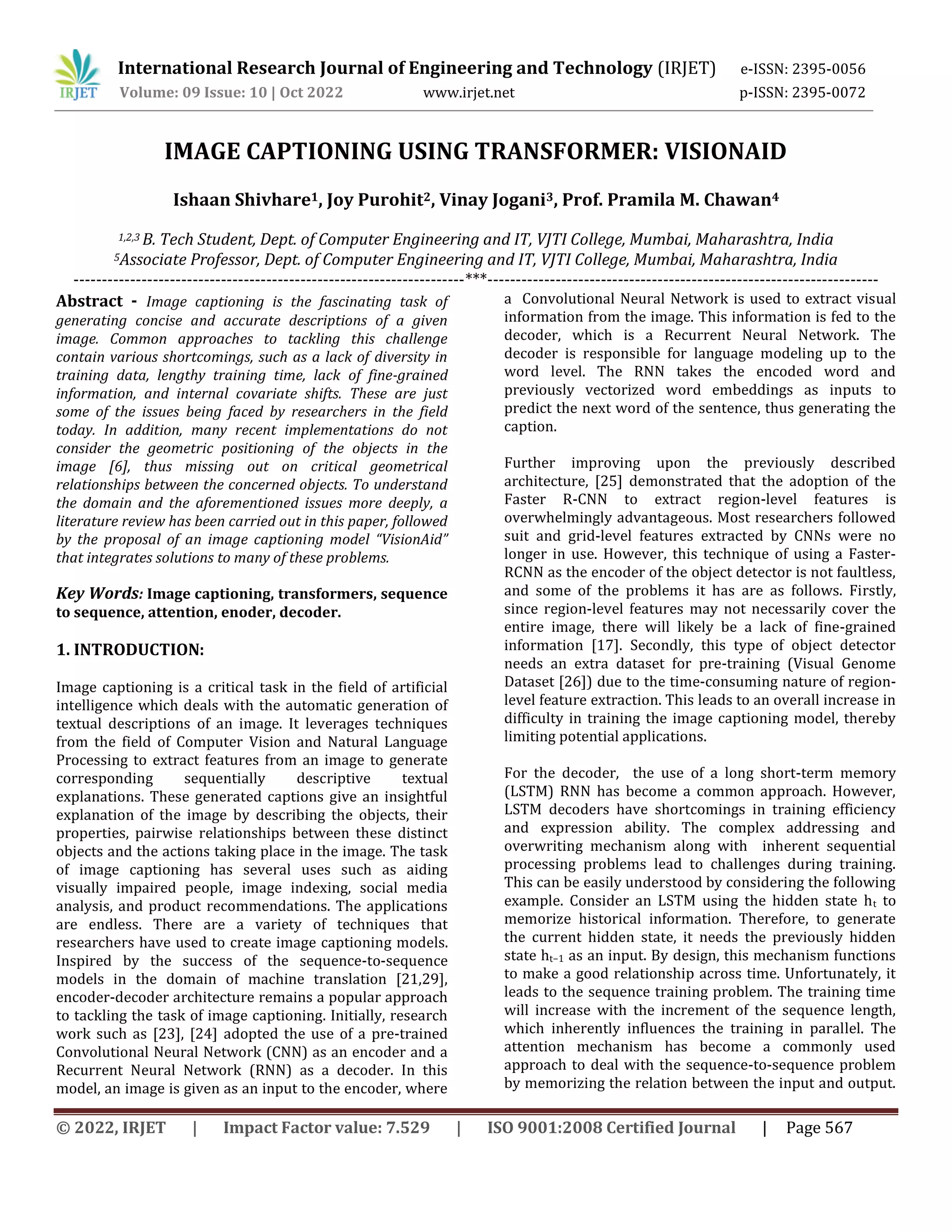 IMAGE CAPTIONING USING TRANSFORMER: VISIONAID | PDF