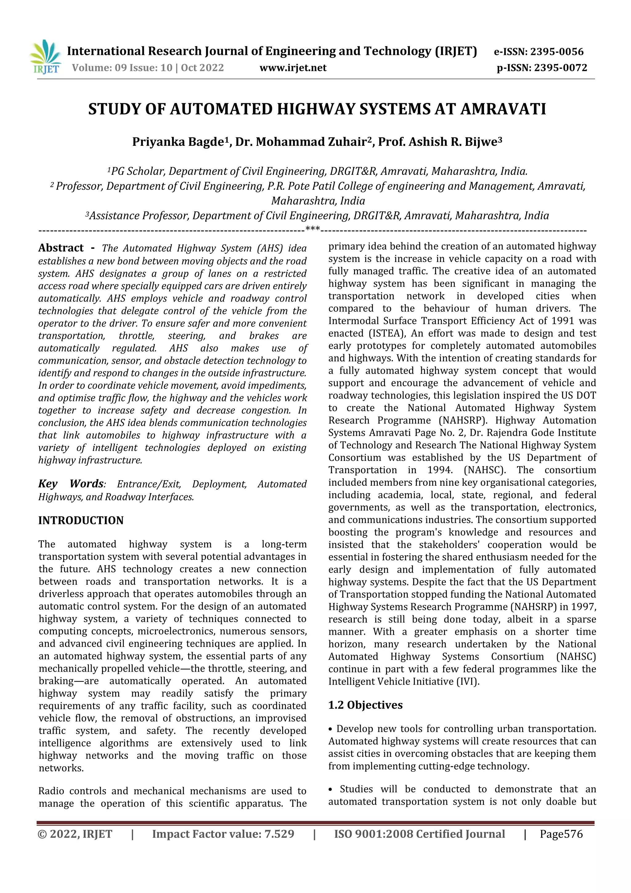 STUDY OF AUTOMATED HIGHWAY SYSTEMS AT AMRAVATI | PDF