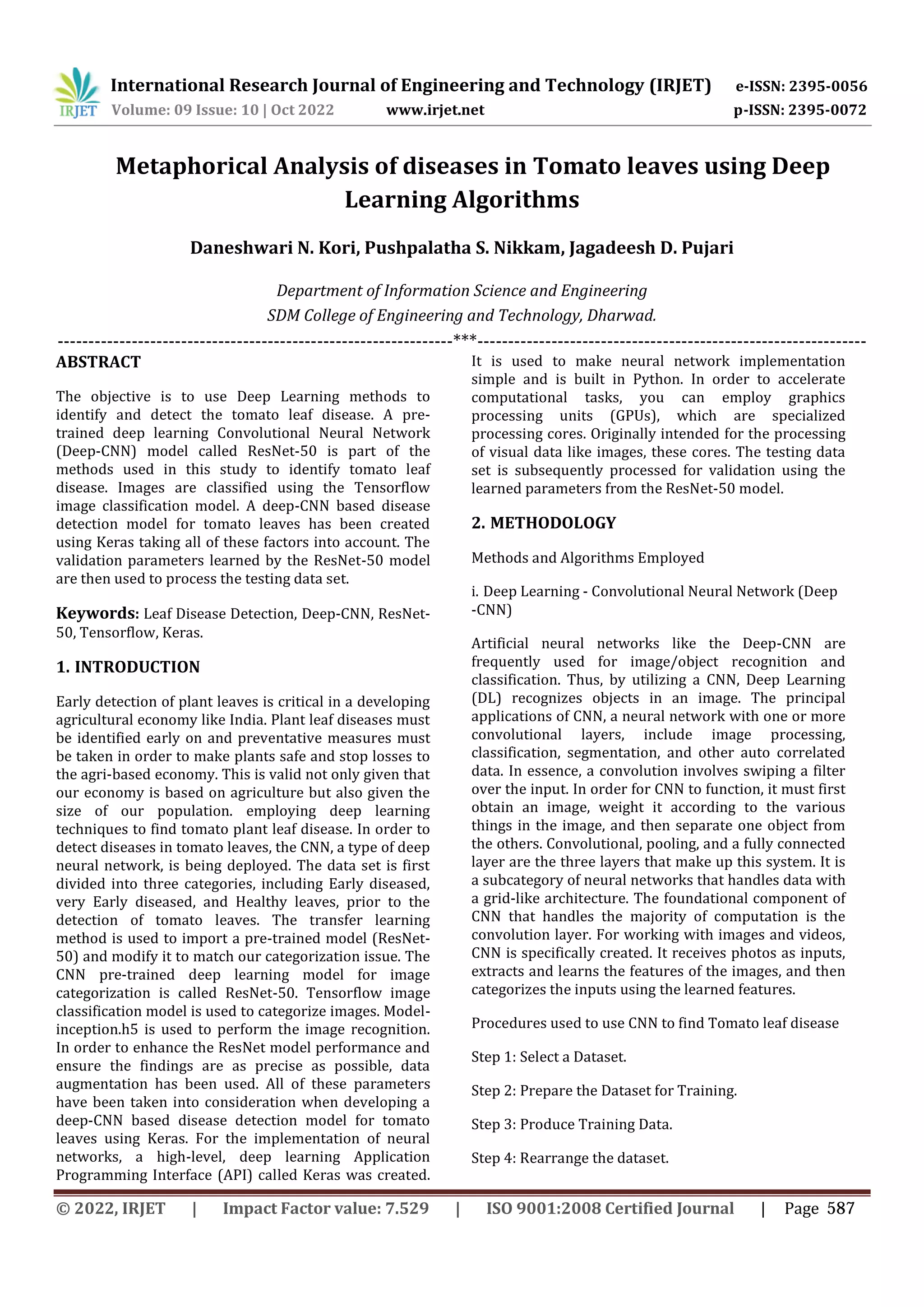 Metaphorical Analysis of diseases in Tomato leaves using Deep Learning Algorithms | PDF