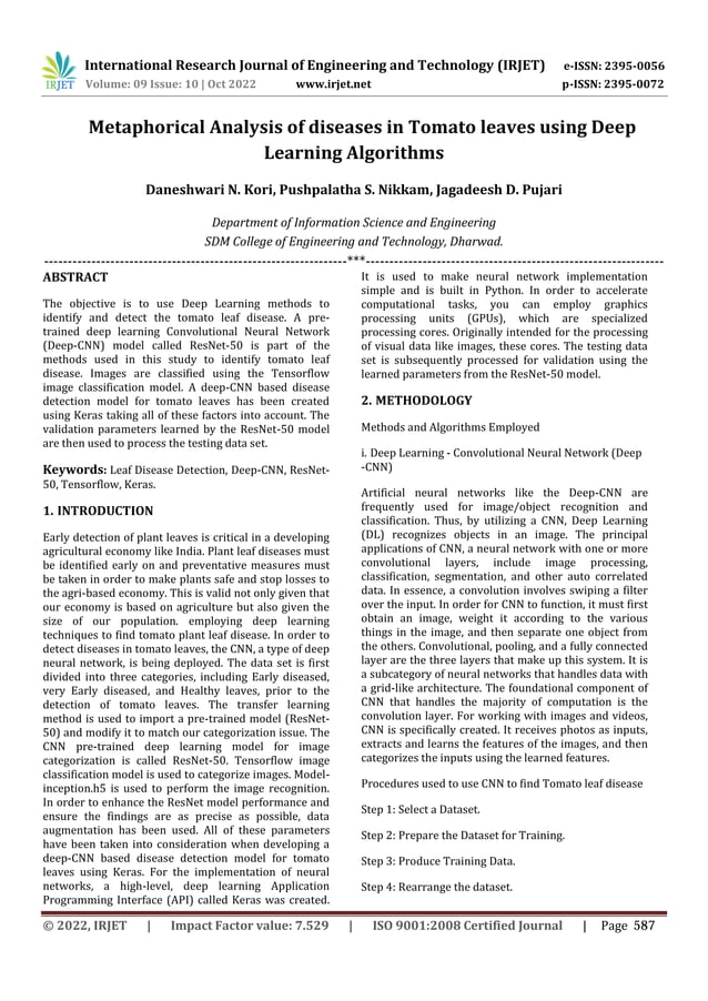 Metaphorical Analysis of diseases in Tomato leaves using Deep Learning Algorithms | PDF