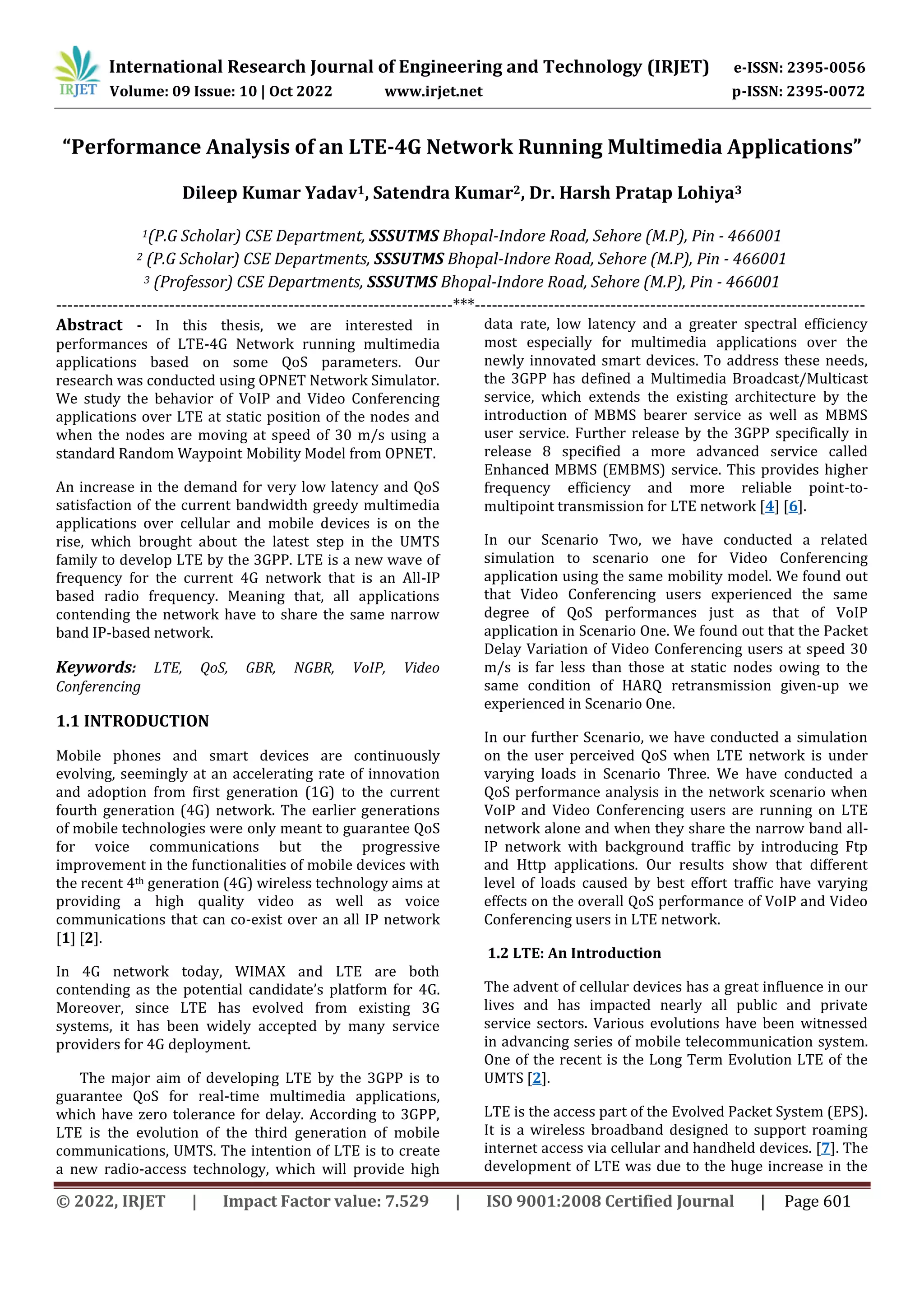 “Performance Analysis of an LTE-4G Network Running Multimedia Applications” | PDF