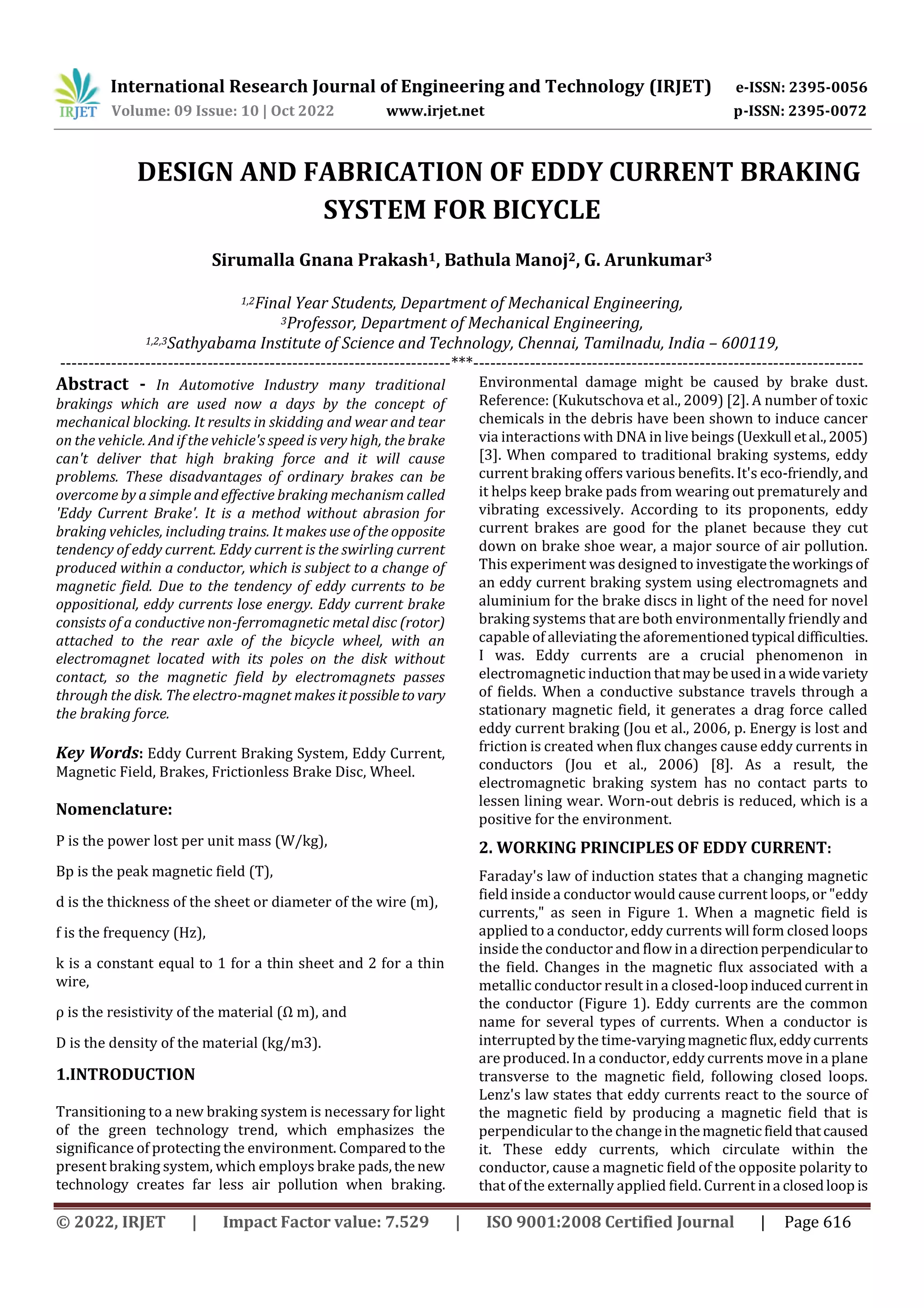 DESIGN AND FABRICATION OF EDDY CURRENT BRAKING SYSTEM FOR BICYCLE | PDF